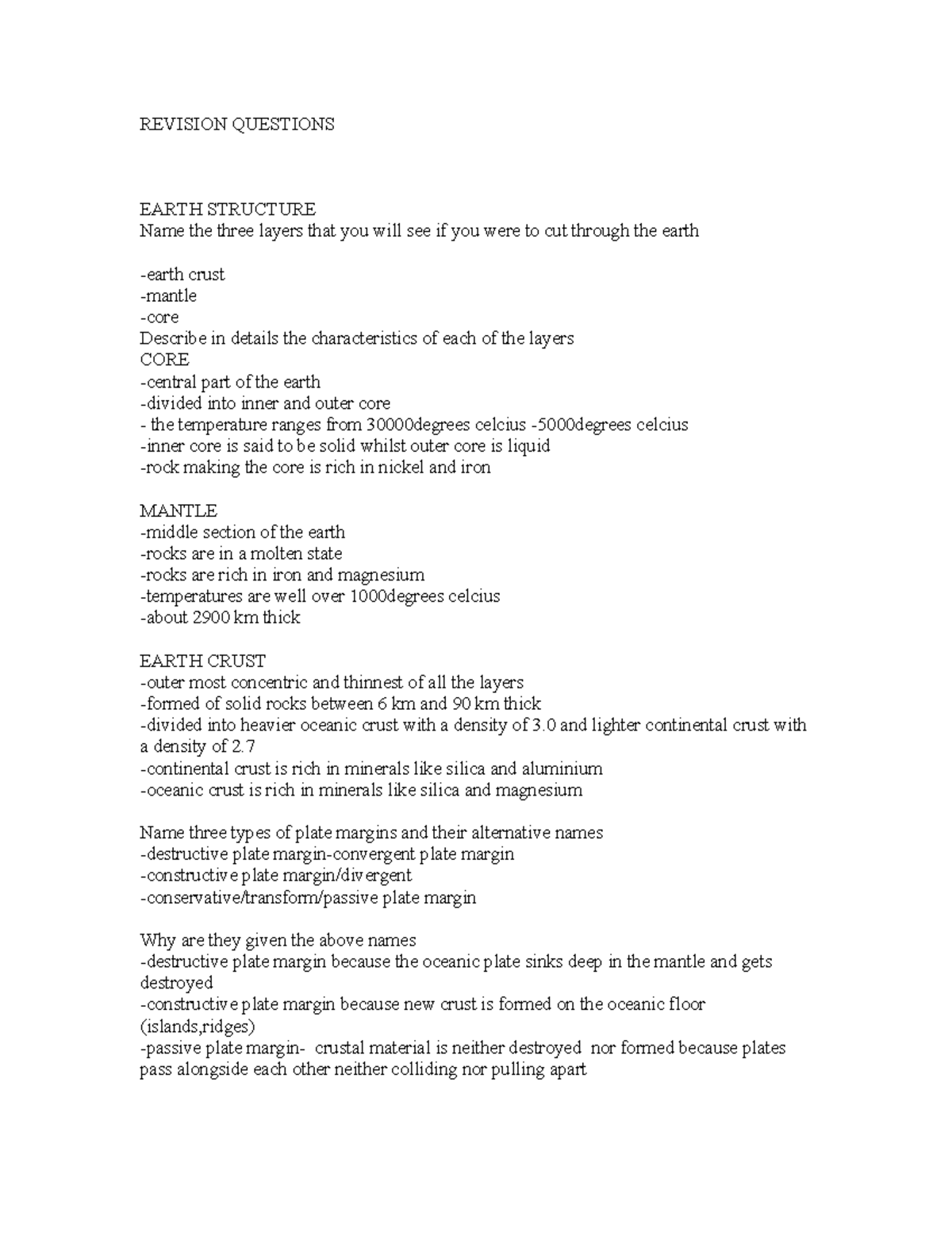 Earth Structure Revision Questions: Layers, Plate Margins, and Hazards ...