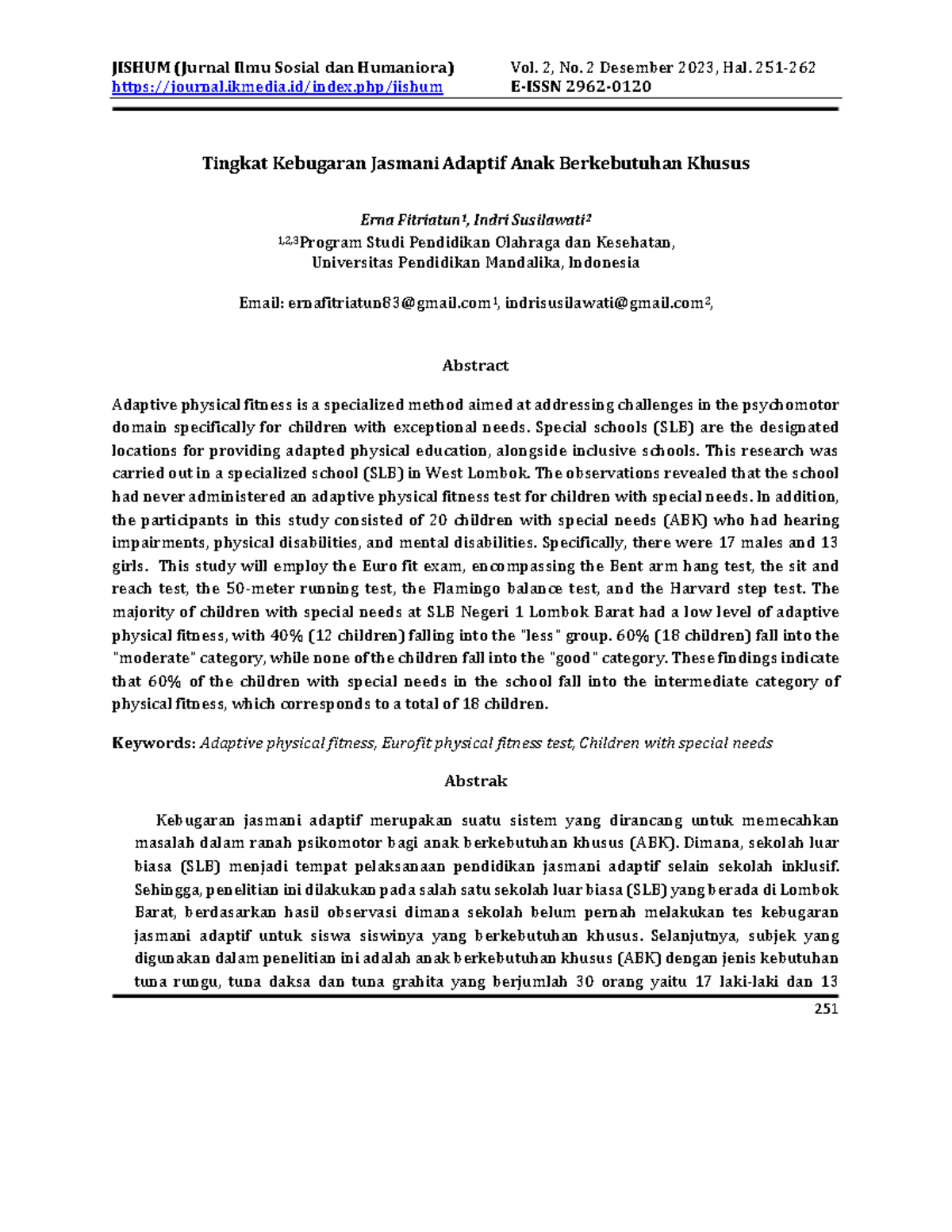 Tingkat Kebugaran Jasmani Adaptif Anak Berkebutuhan Khusus di SLB 1 Lombok - Studocu