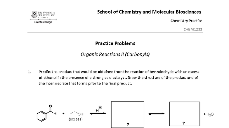 CHEM1222 - Organic Reactions II Practice Problems and Solutions - Studocu
