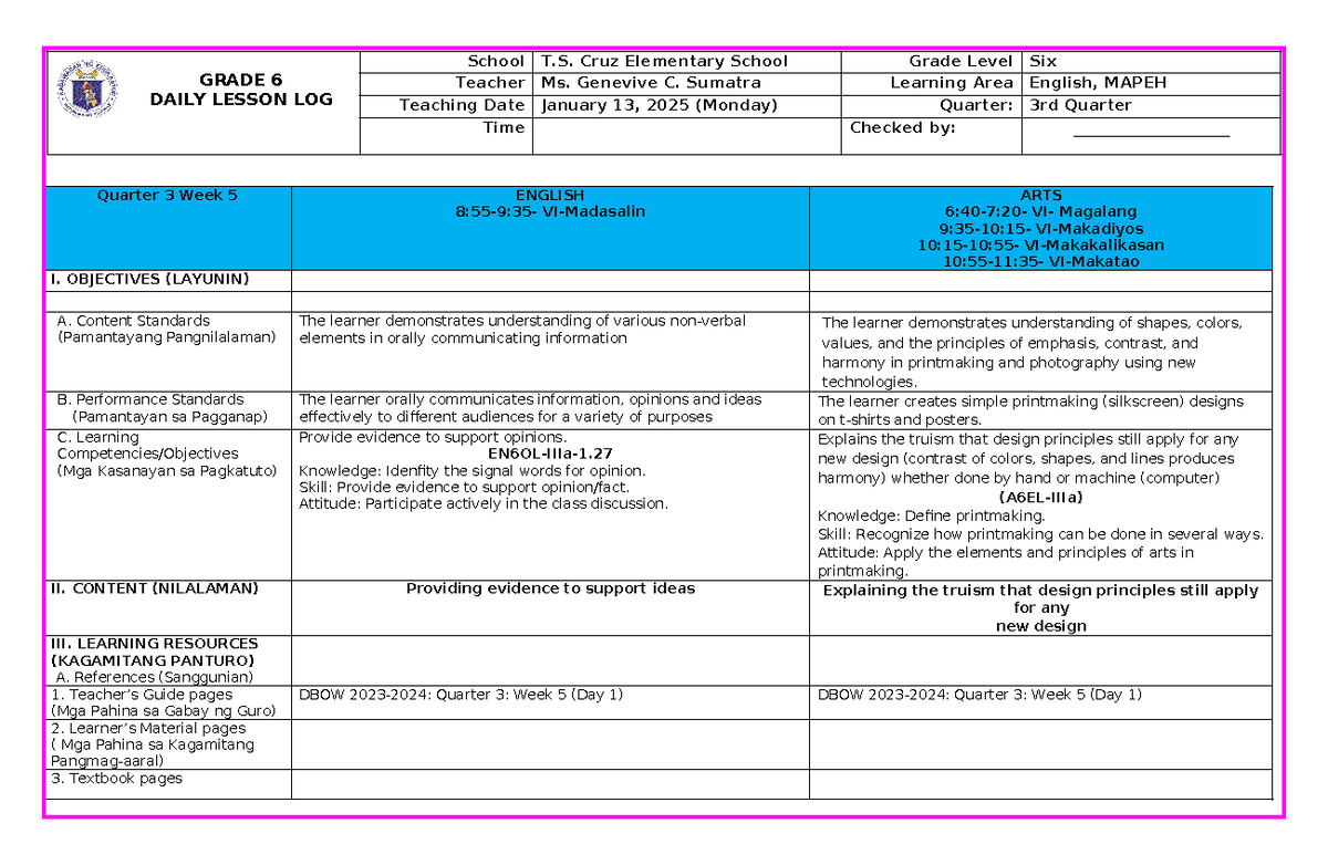 Final Exam: DLL Week 5 with English & MAPEH - Grade 6 DLL Q3 - Studocu