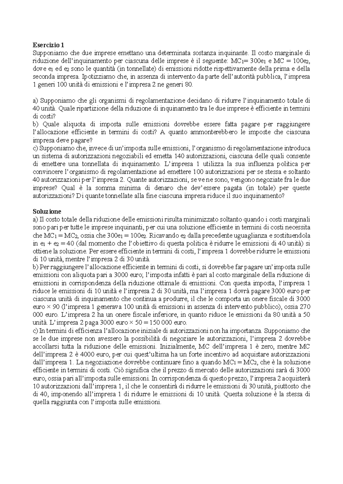 Esercitazione Aggiuntiva su Esternalità e Politiche Ambientali - Studocu