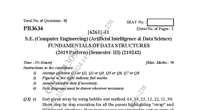 Fundamentals of Data Structures - PB3634 Exam Paper (May Jun 2024 ...
