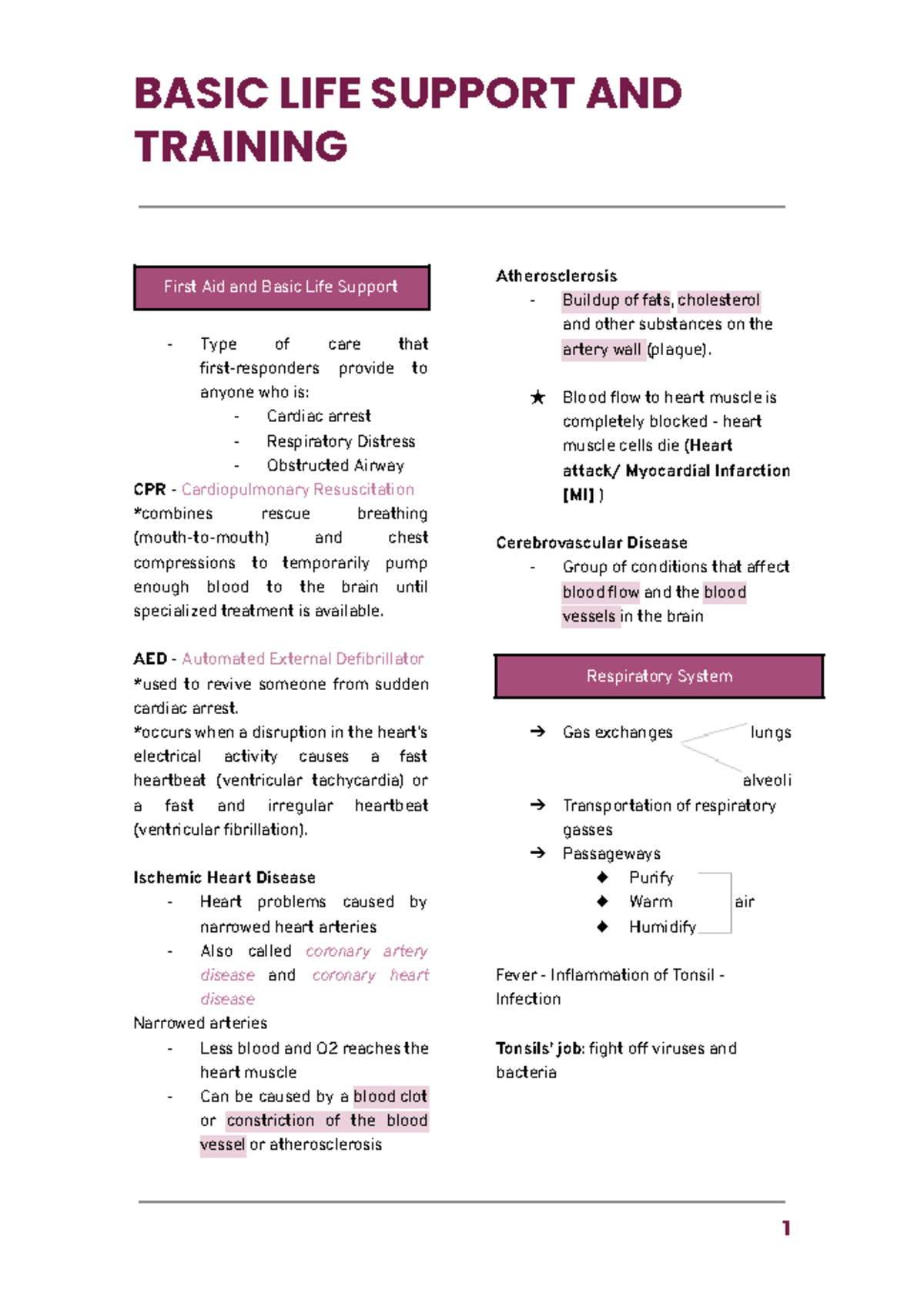 First Aid and Basic Life Support Notes - TRAINING First Aid and Basic ...