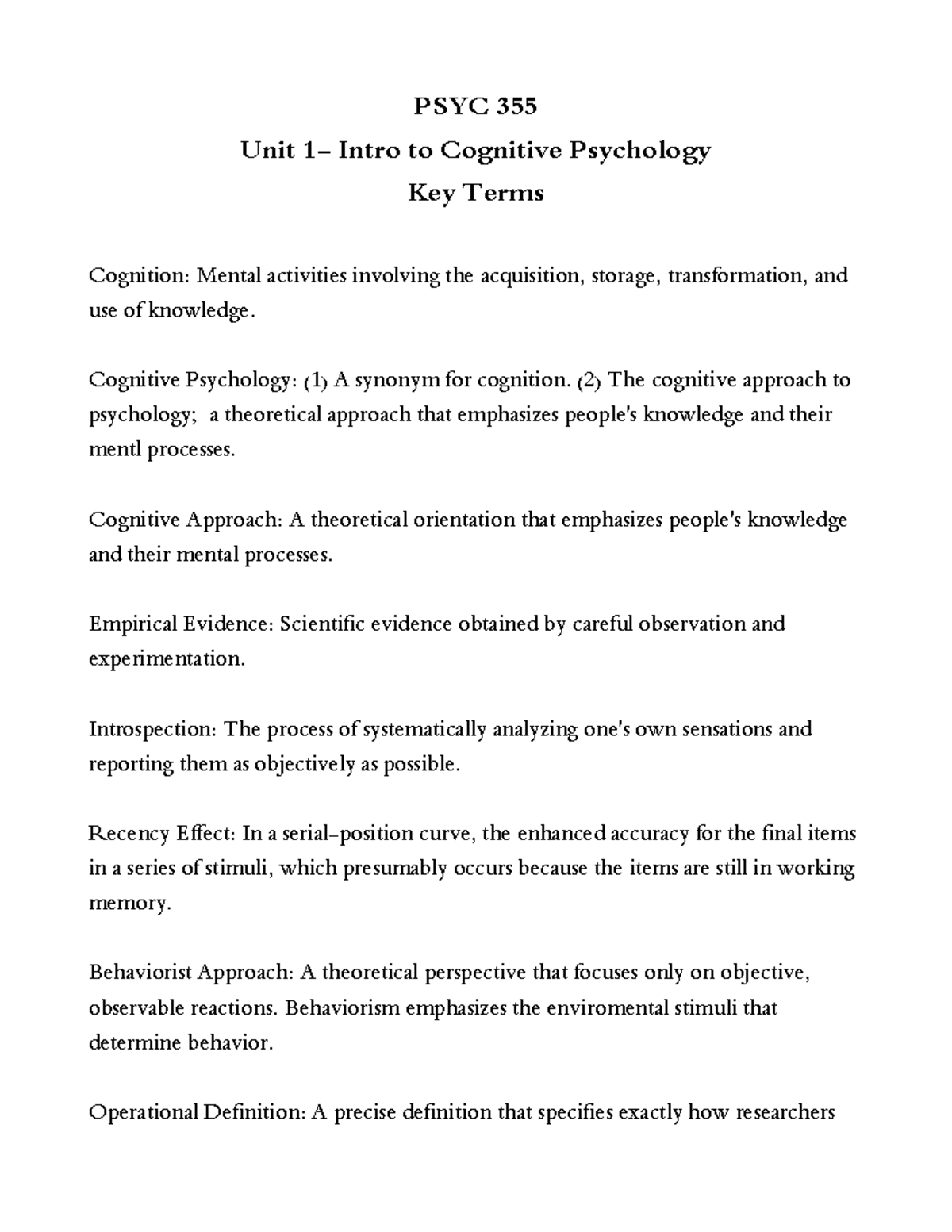 PSYCH 355 - Key Terms: Unit 1, 2, 3, 4 - PSYC 355 Unit 1- Intro to ...