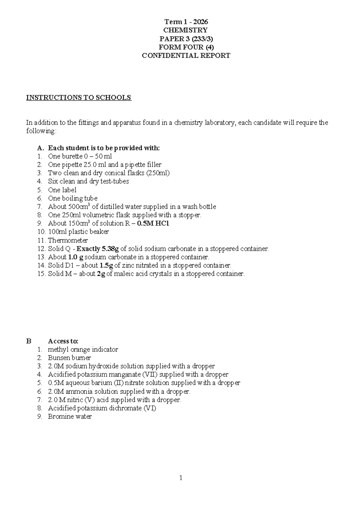 Term 1 2026 Chemistry F4 Paper 3 Confidential Instructions - Studocu