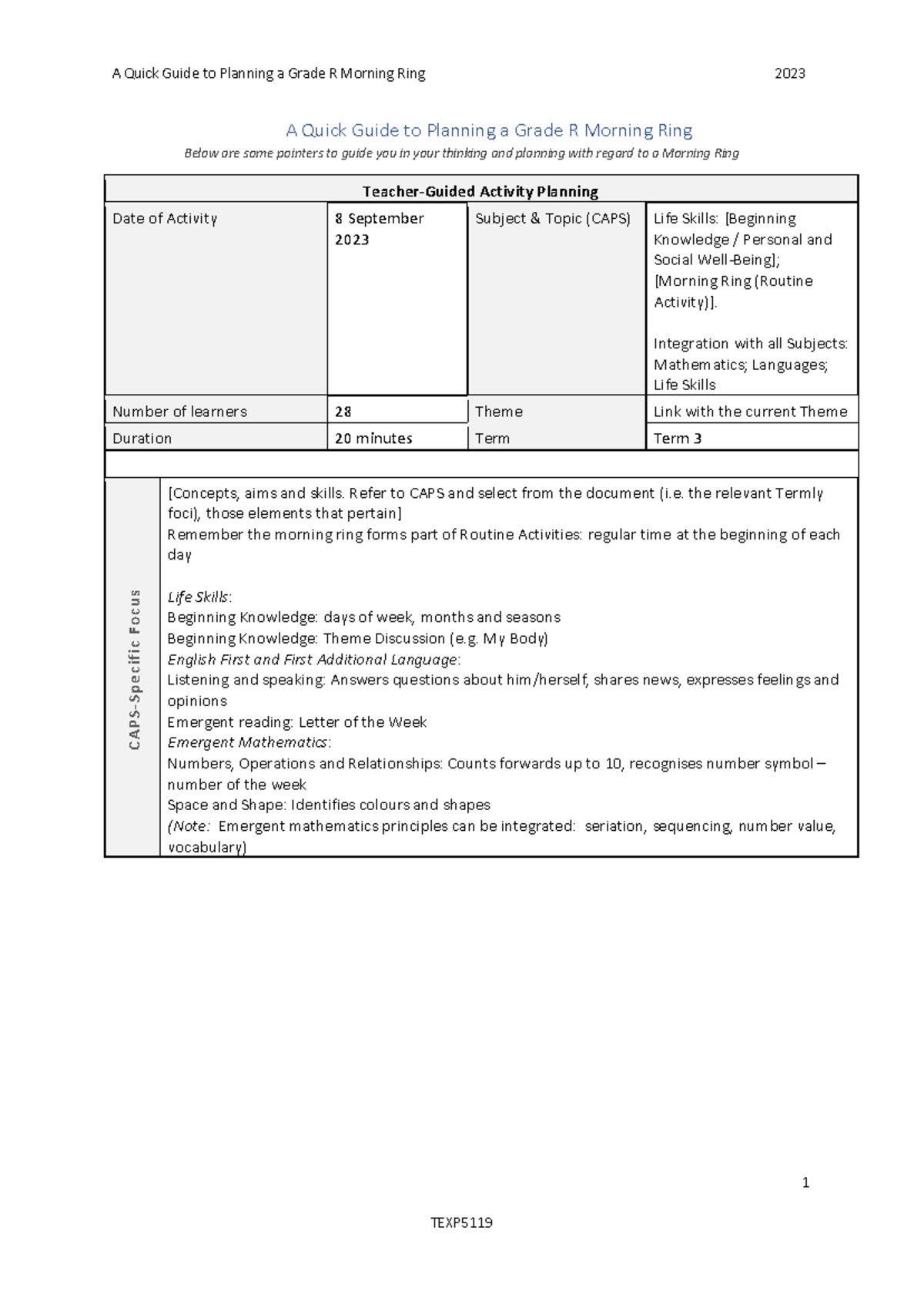 Grade R Morning Ring Activity Planning Guide: Life Skills and Learning ...