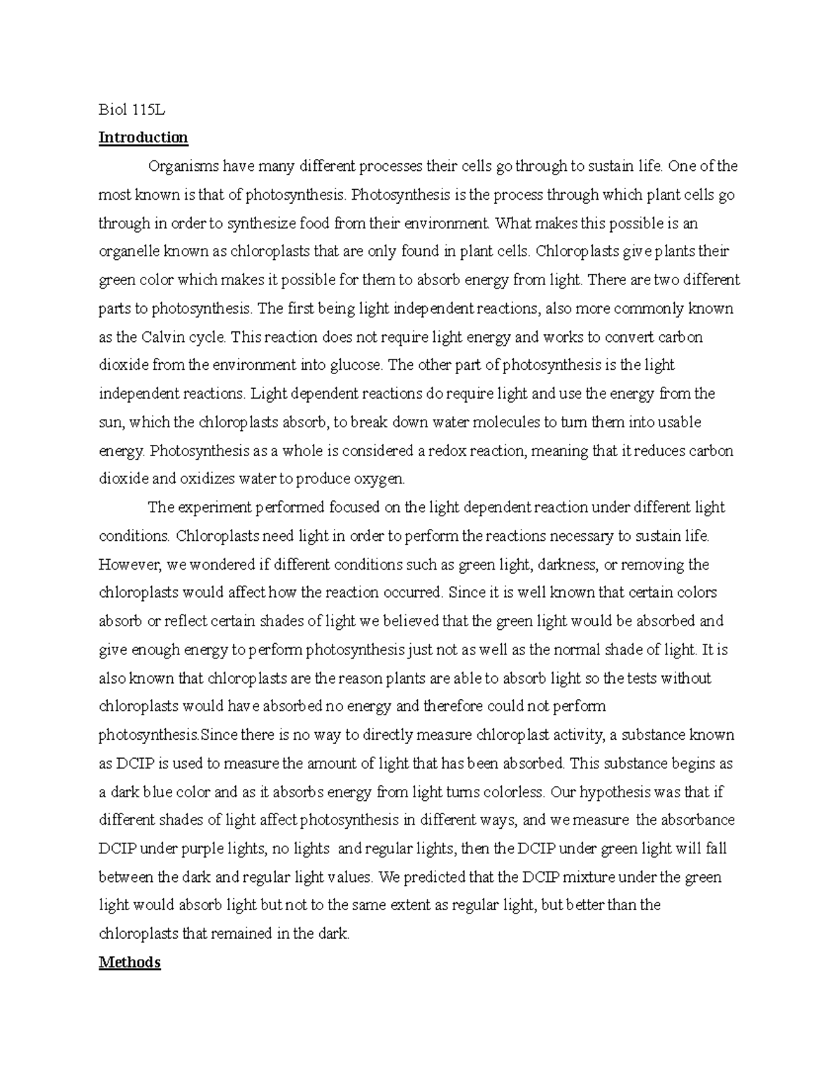 BIOL 115L: Lab 8 - Photosynthesis Experiment Analysis Report - Studocu