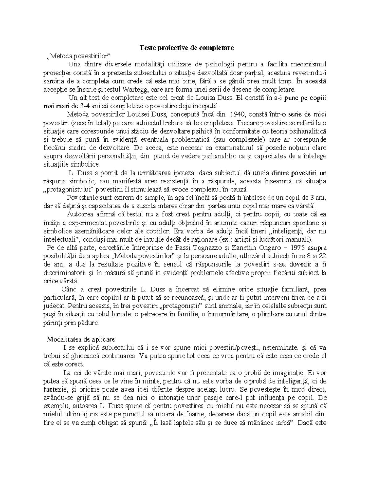 Teste proiective de completare: Testul Fabulelor - L. Duss - Studocu