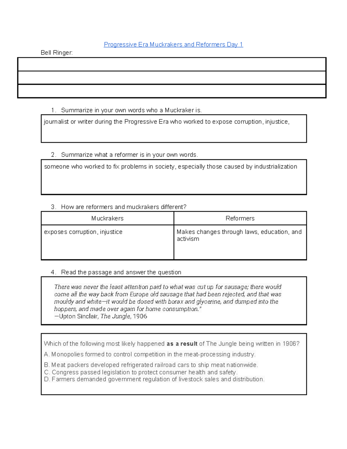 Progressive Era Muckrakers Answer Key