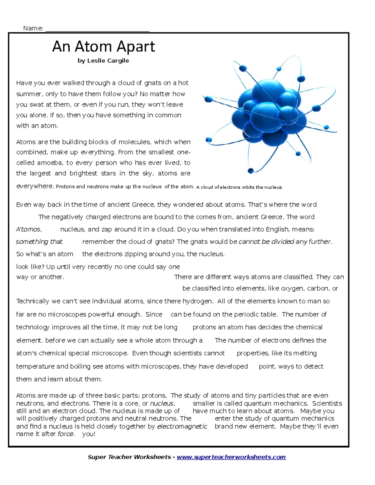 Atom - worksheet about atoms - Name ...