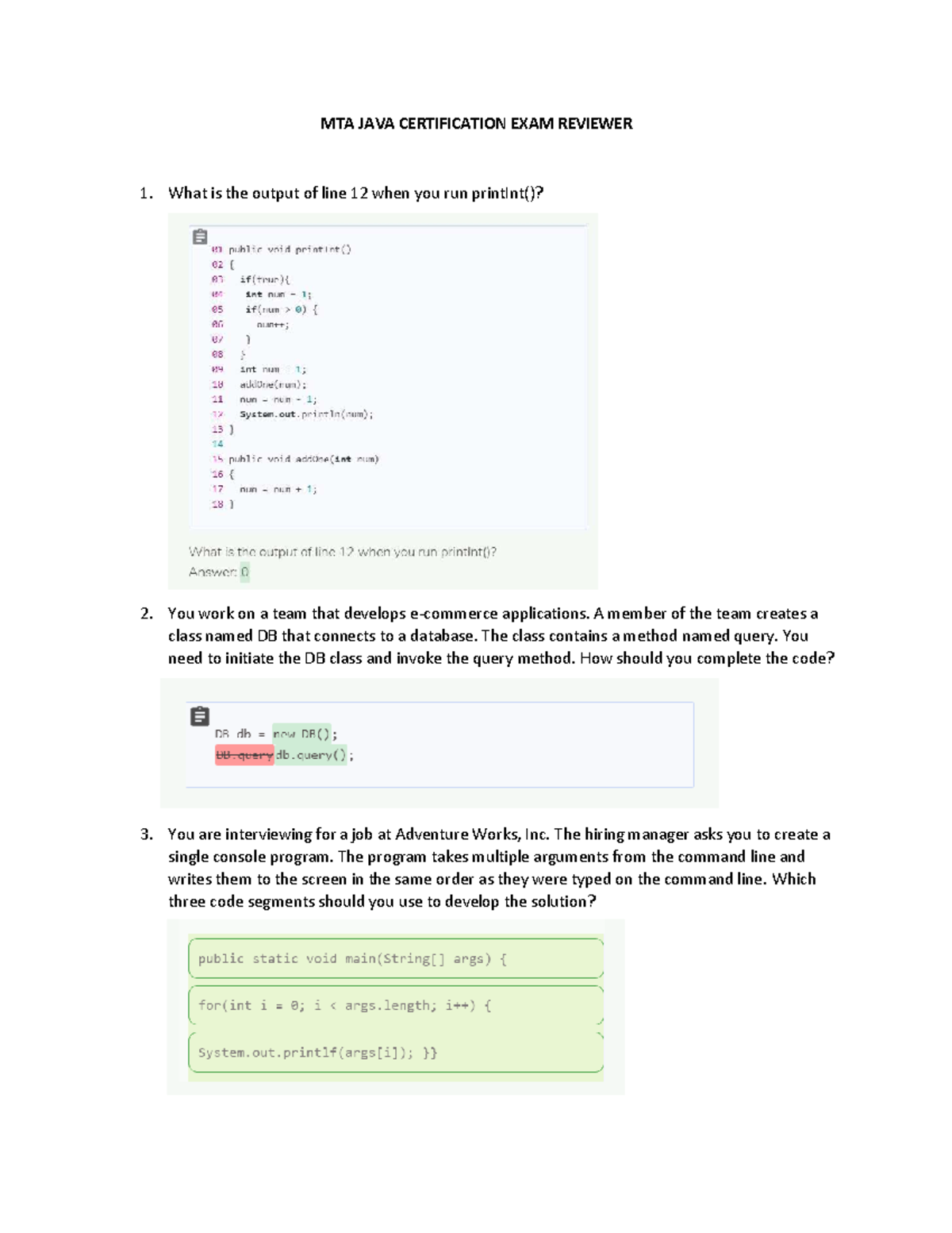 MTA JAVA 101 Final Exam Study Guide and Review Questions - Studocu