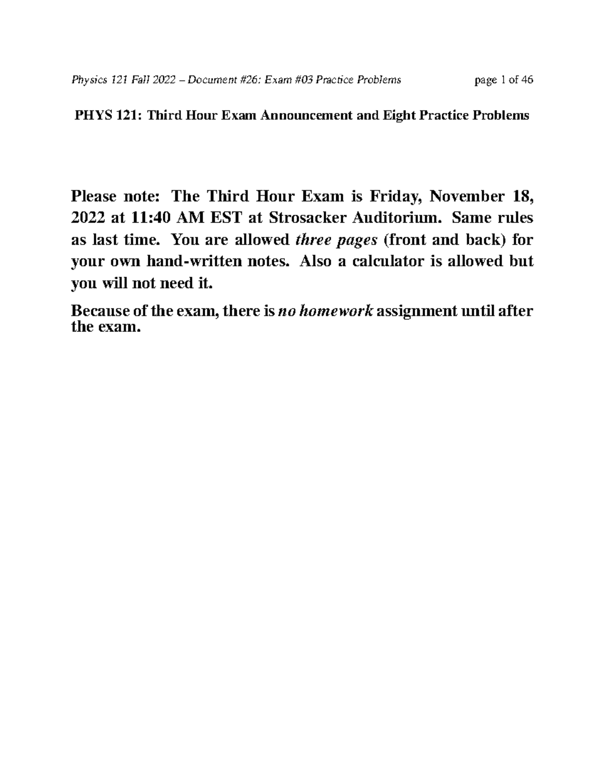 PHYS 121: Practice Problems for Third Hour Exam Preparation - Studocu