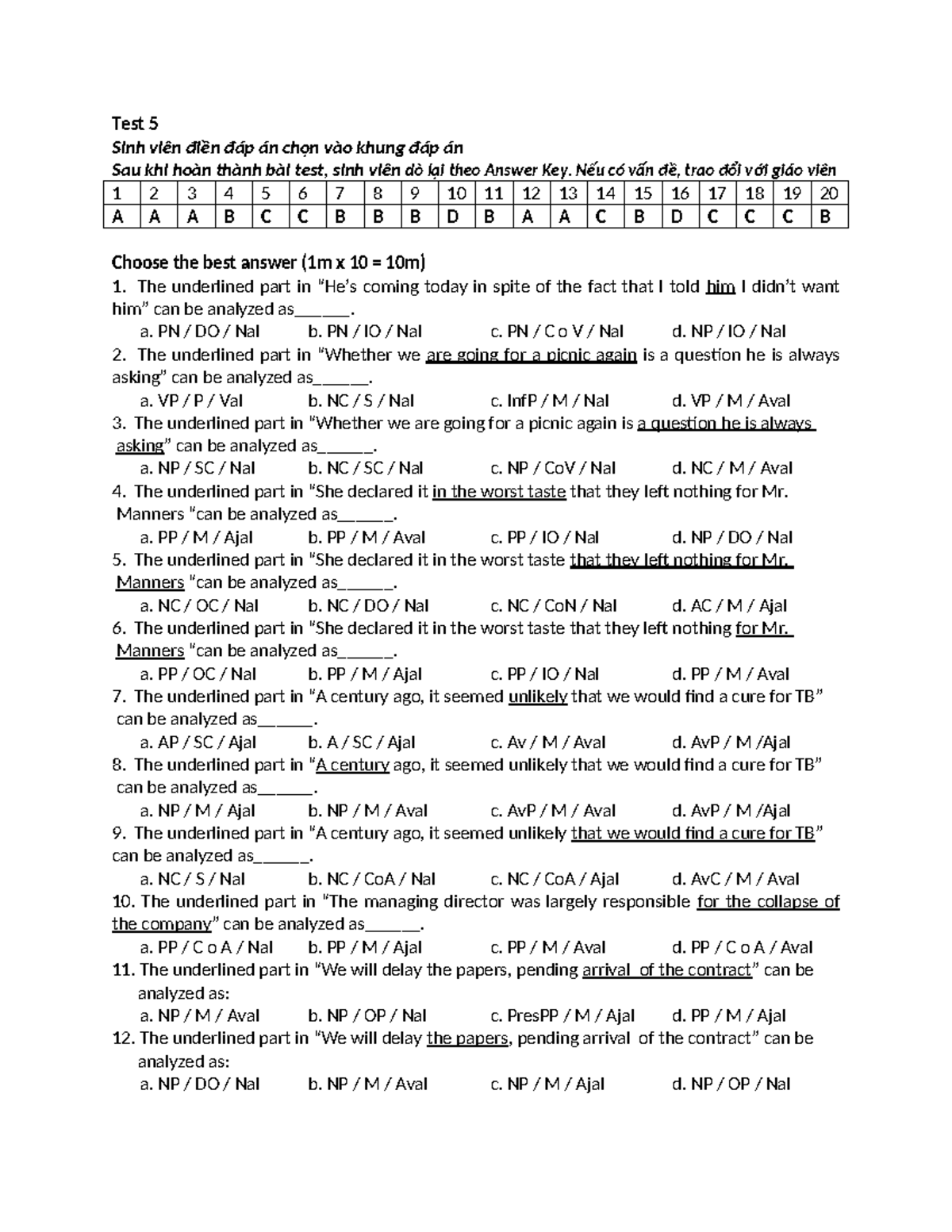 Syntax Test 5 - Answer Key and Analysis Guide for Students - Studocu