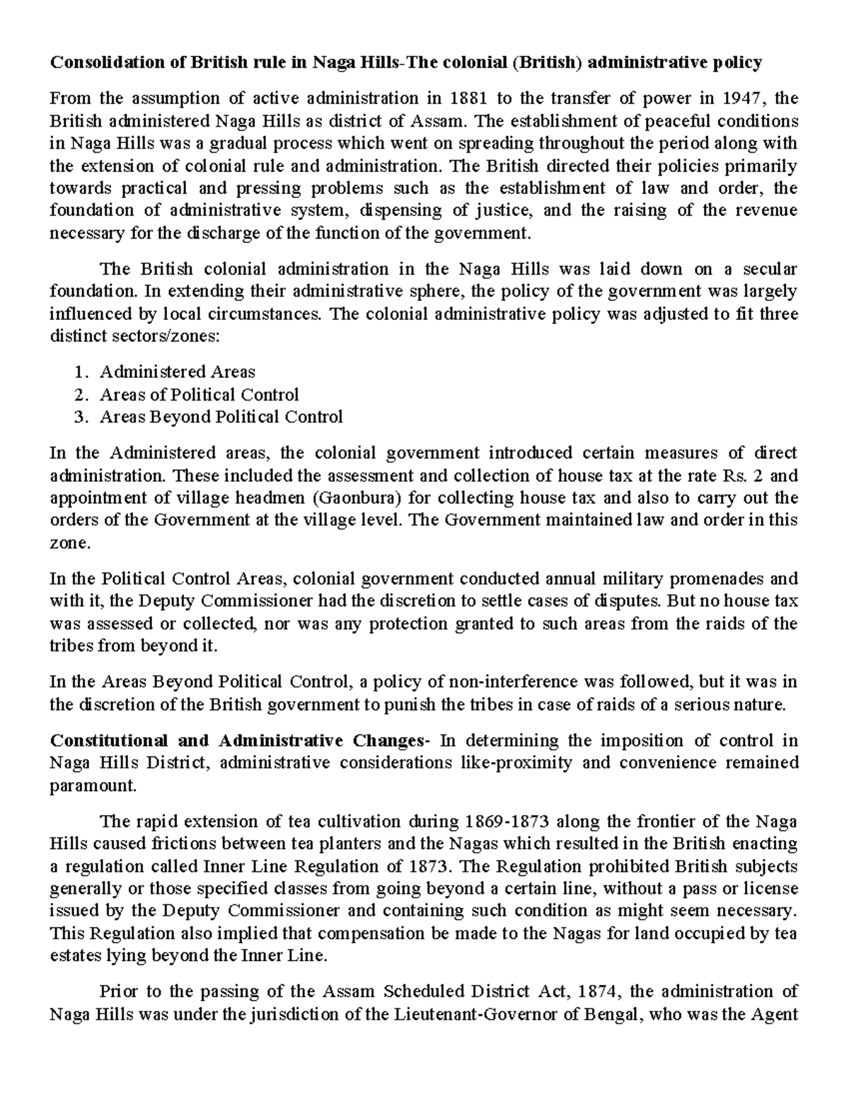 British Colonial Administration and Its Impact in Naga Hills (Hist 101 ...