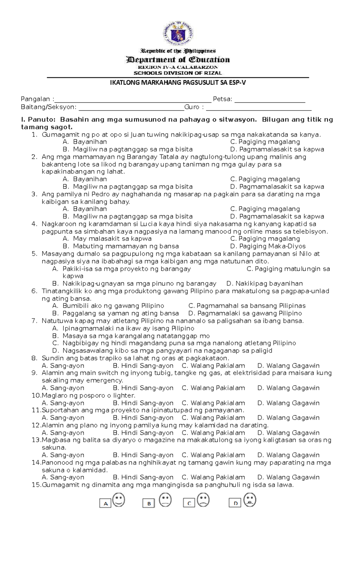 ESP-5 Ikatlong Markahang Pagsusulit Q3 S.Y. 2022-2023 - Studocu