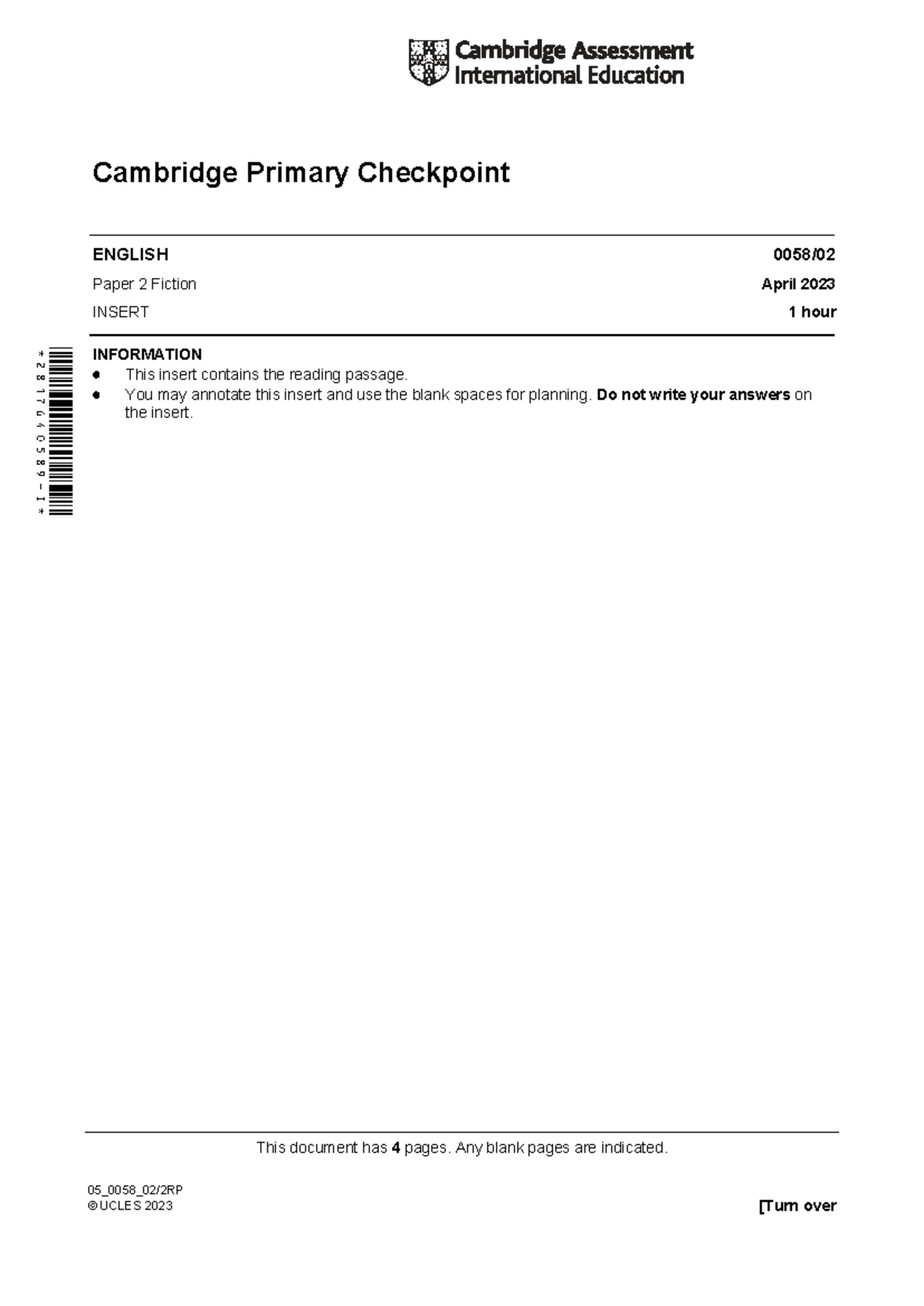 Cambridge Primary Checkpoint ENGLISH Paper 2 Fiction Insert April 2023 ...