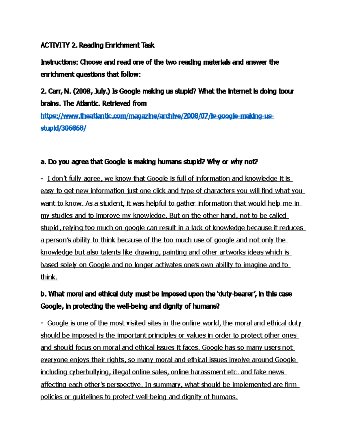 Activity 2. Reading Enrichment Task STS - ACTIVITY 2. Reading ...