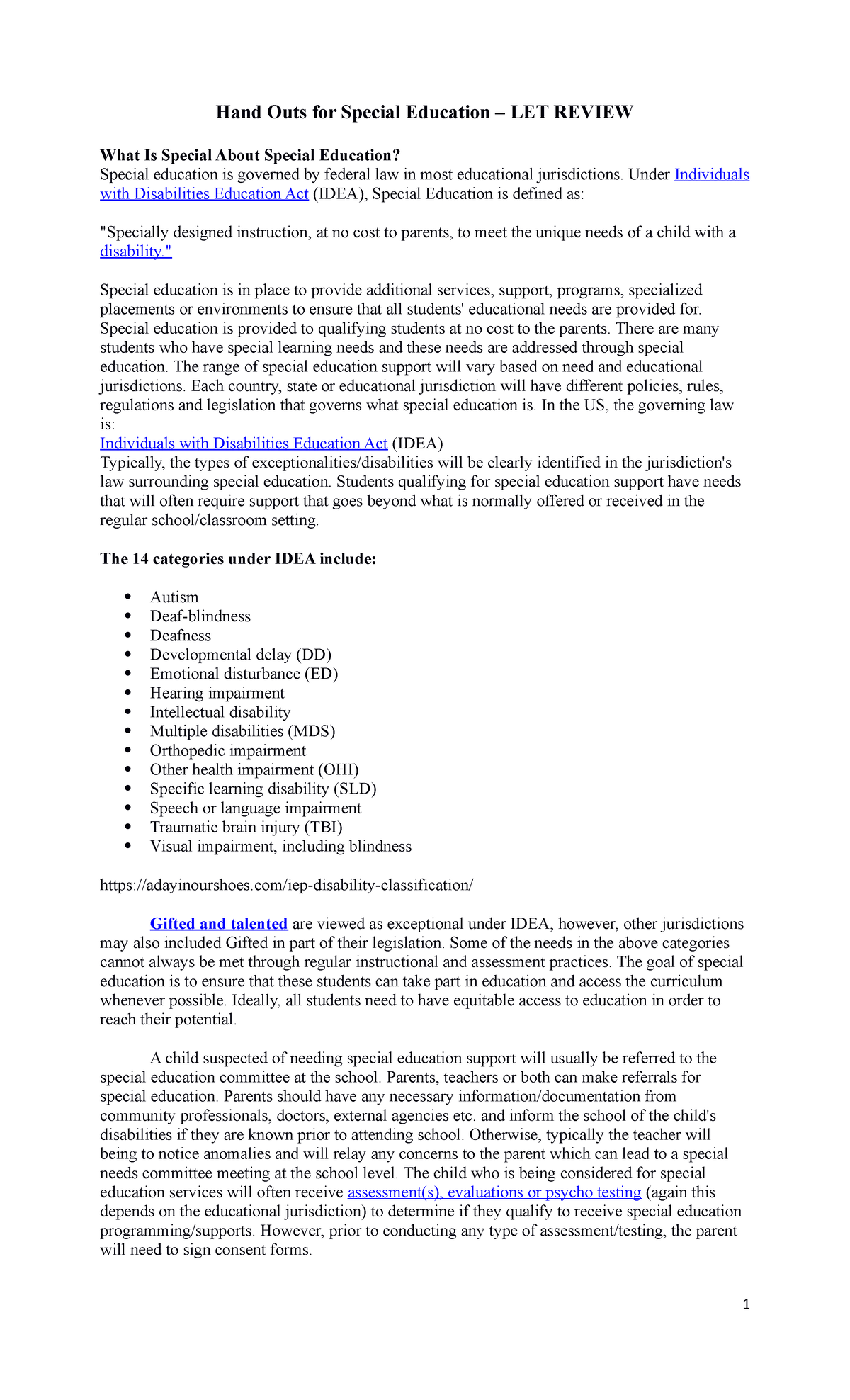 Handouts for Special Education – LET Review Session - Studocu