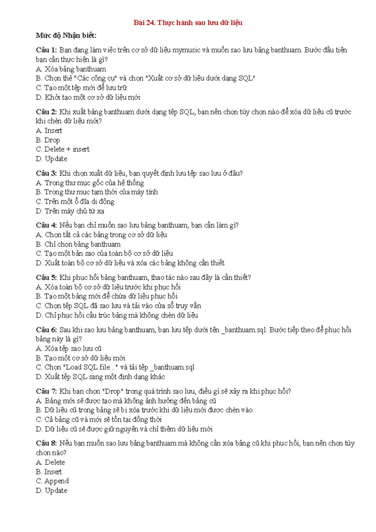 CH TN Bài 24: Thực Hành Sao Lưu Dữ Liệu và Phục Hồi Bảng - Studocu