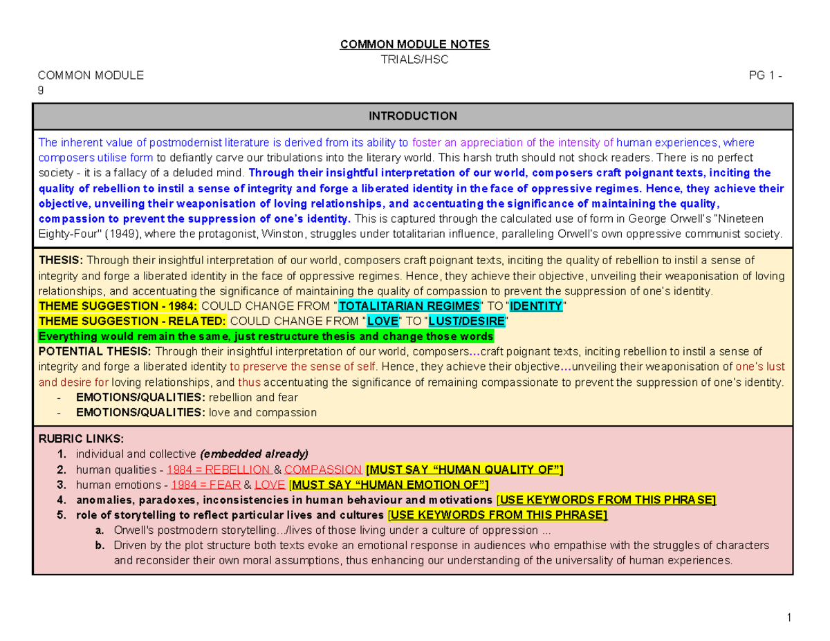 Common Module Notes: Exploring Rebellion and Compassion in 1984 - Studocu
