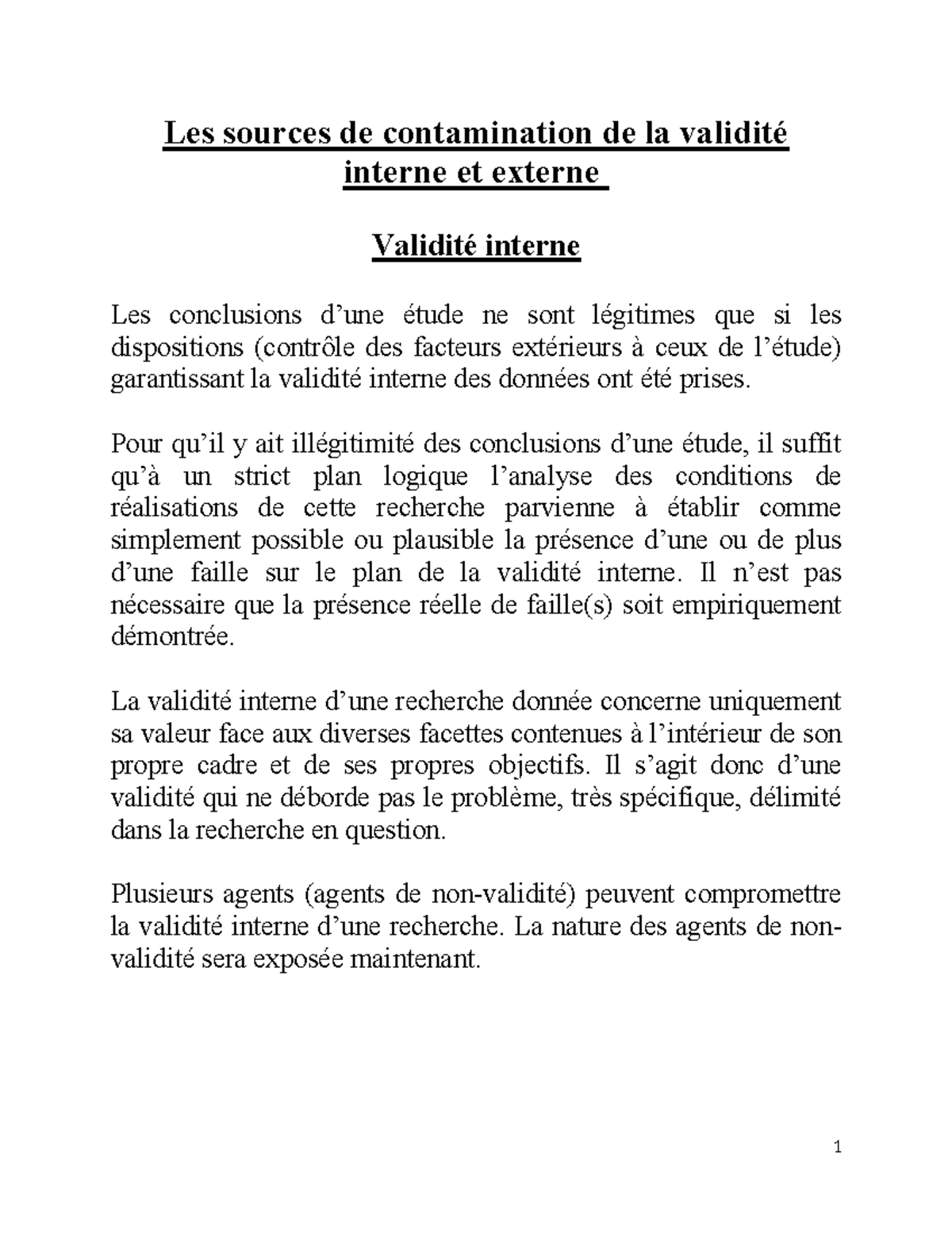 Sources de Contamination de la Validité Interne et Externe - Cours 3 ...