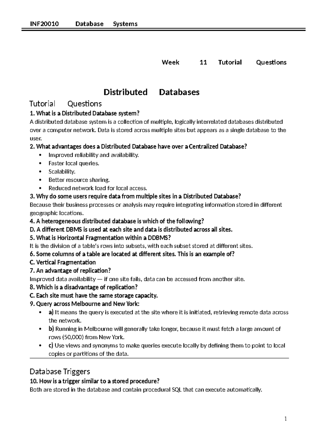 INF20010 Database Systems Week 11 Tutorial Questions on DDBMS - Studocu