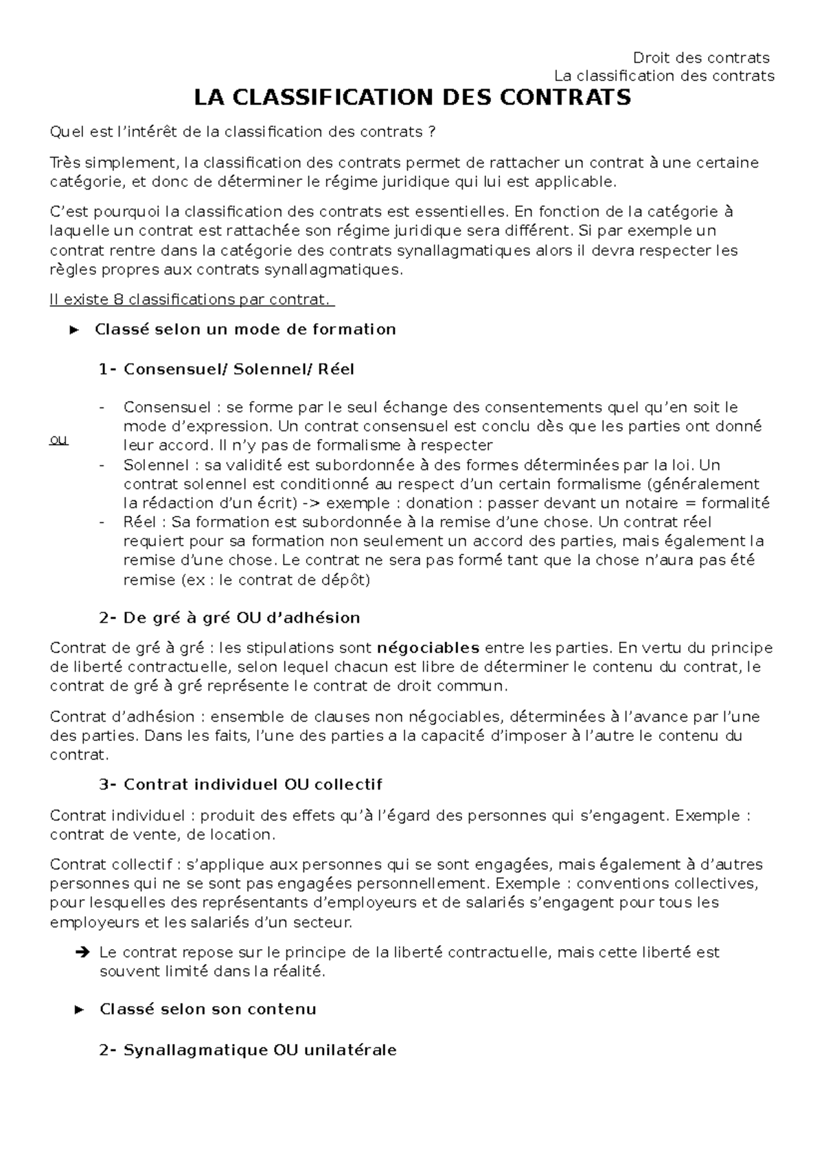 La classification des contrats - C’est pourquoi la classification des ...