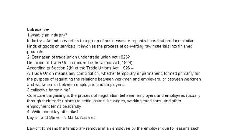 Labour Law 1: Industry, Trade Unions, and Collective Bargaining Notes ...