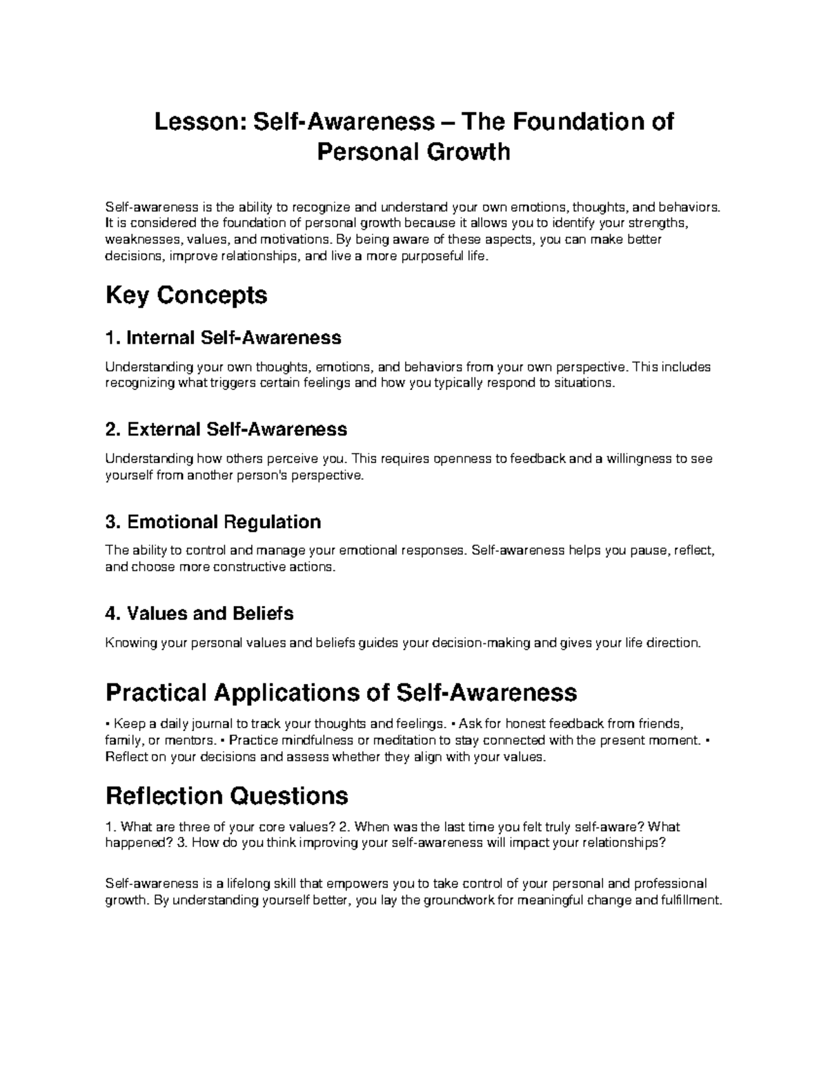 Lesson: Self-Awareness for Personal Growth and Emotional Insight - Studocu