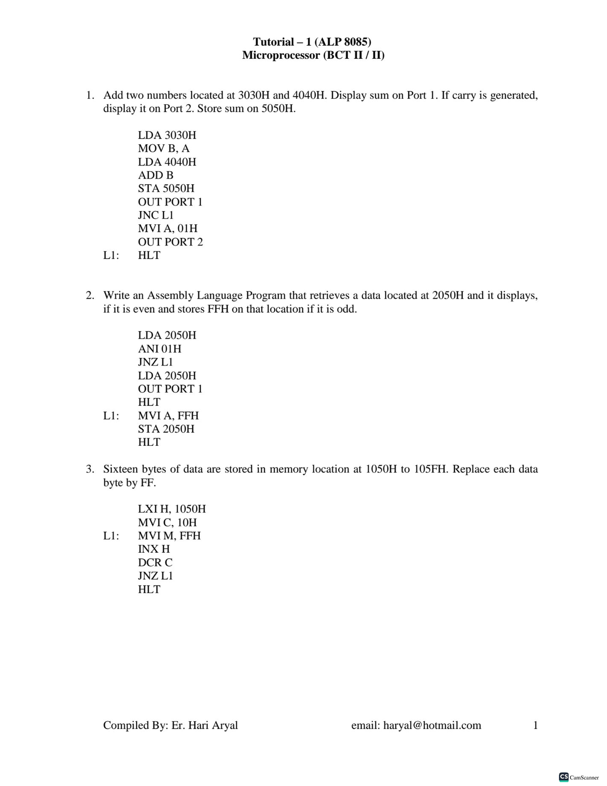 Micro 85 Solved Tutorial 11 (ALP 8085) - Assembly Language Programs - Studocu