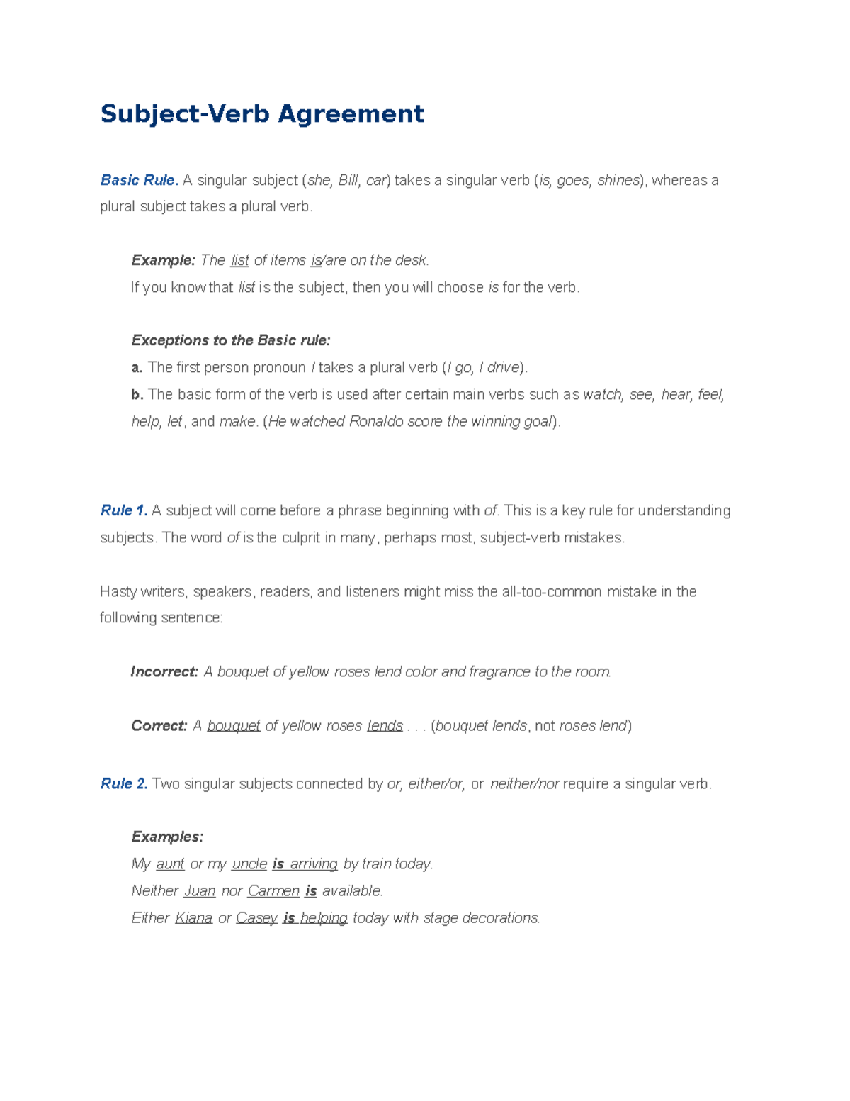 Subject-Verb Agreement Rules and Examples - Studocu