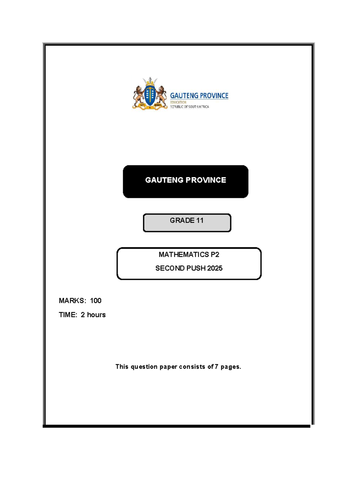 Grade 11 Mathematics P2 Second Push Test 2025 - Question Paper - Studocu