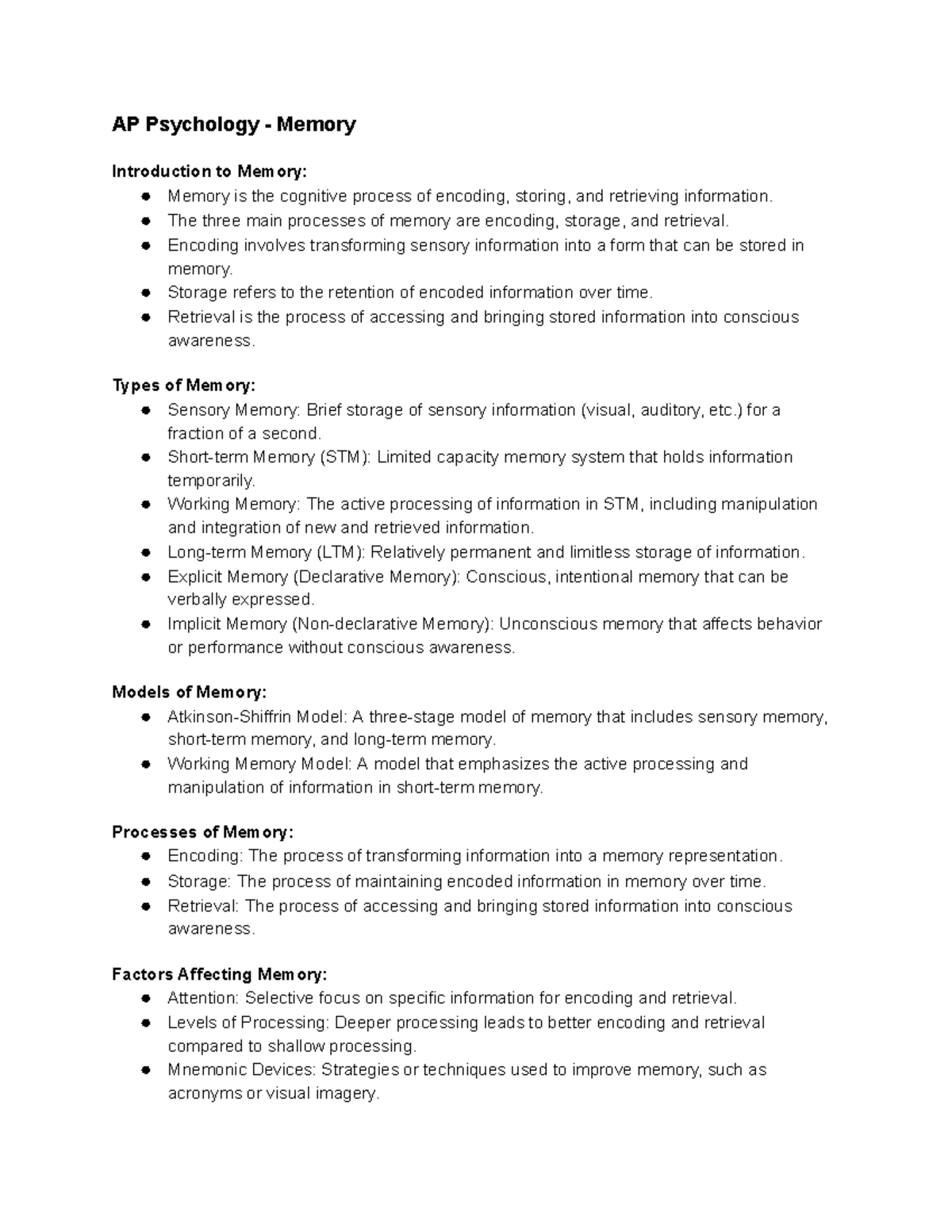 AP Psychology - Memory Notes - AP Psychology - Memory Introduction to ...