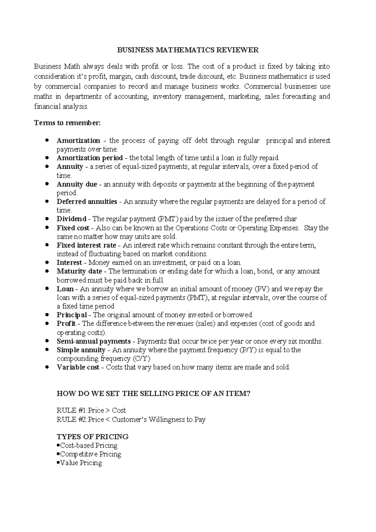 Business MATH 101: Comprehensive Review on Math & Combinatorics - Studocu