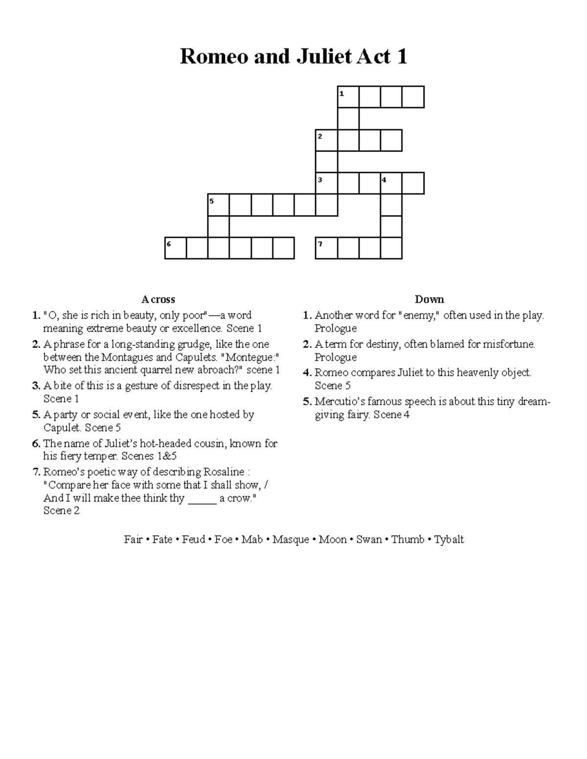Romeo-and-juliet-Crossword Word Bank - Romeo and Juliet Act 1 Across 1 ...