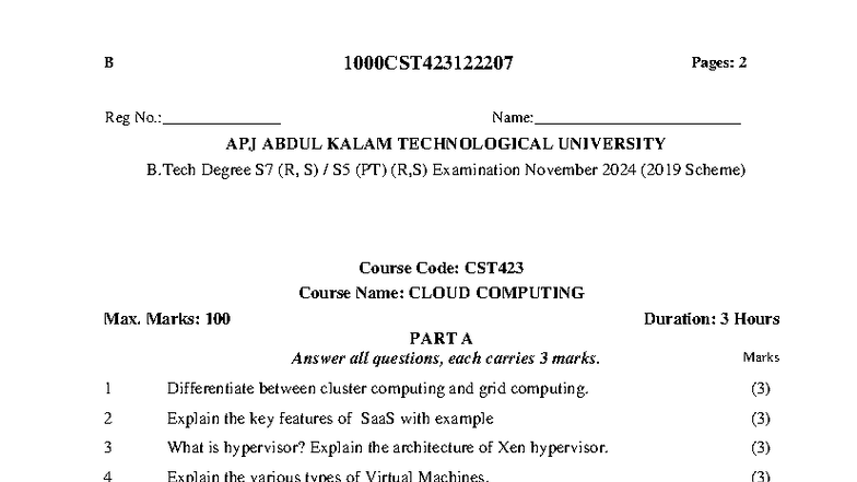 CST423-F - Cloud Computing Exam Question Paper - Nov 2024 - Studocu