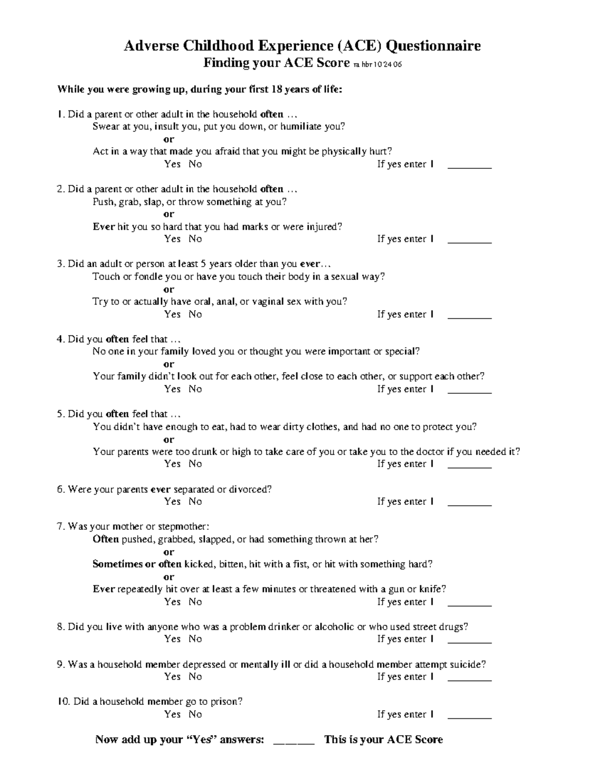 Instrument ACE - Adverse Childhood Experience (ACE) Questionnaire ...
