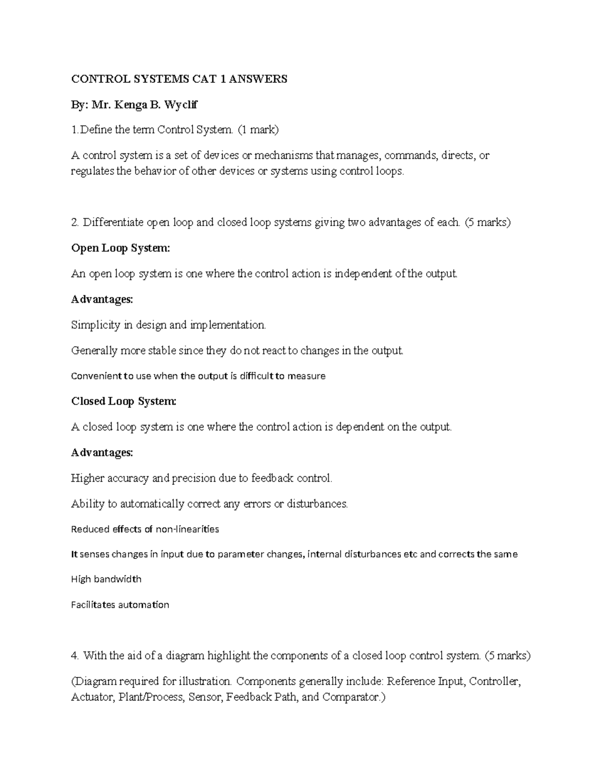 CONTROL SYSTEMS CAT 1 ANSWERS: Key Concepts & Definitions - Studocu