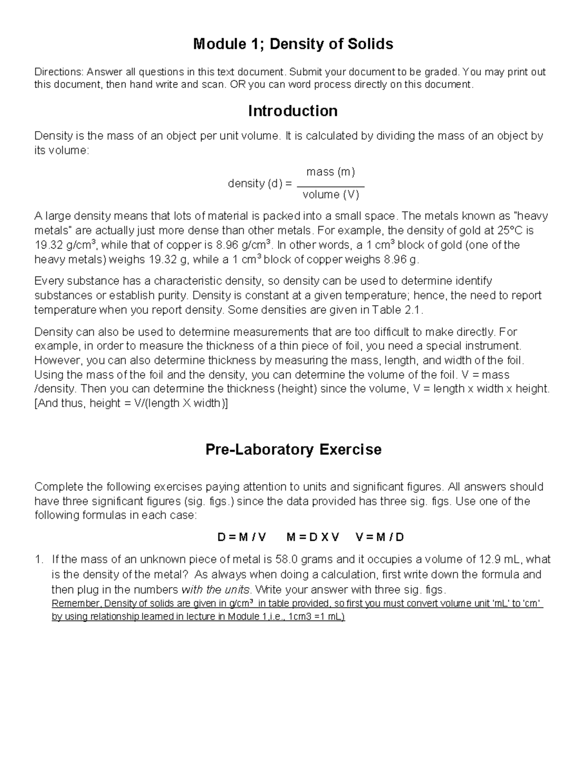 Module 1 Density of Solids - Module 1; Density of Solids Directions ...