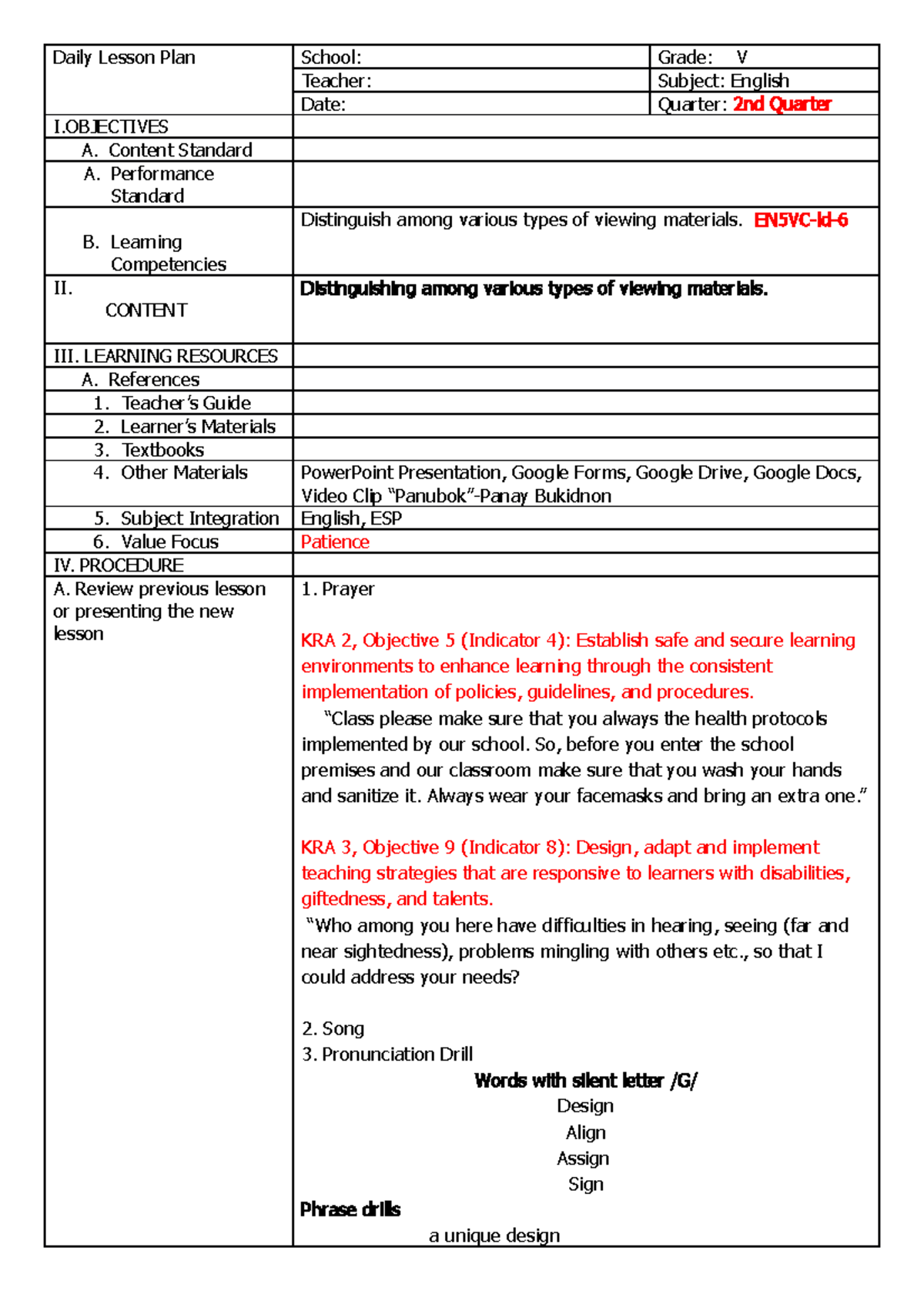 COT 2ND Qtr Daily Lesson Plan for English 5: Viewing Materials - Studocu