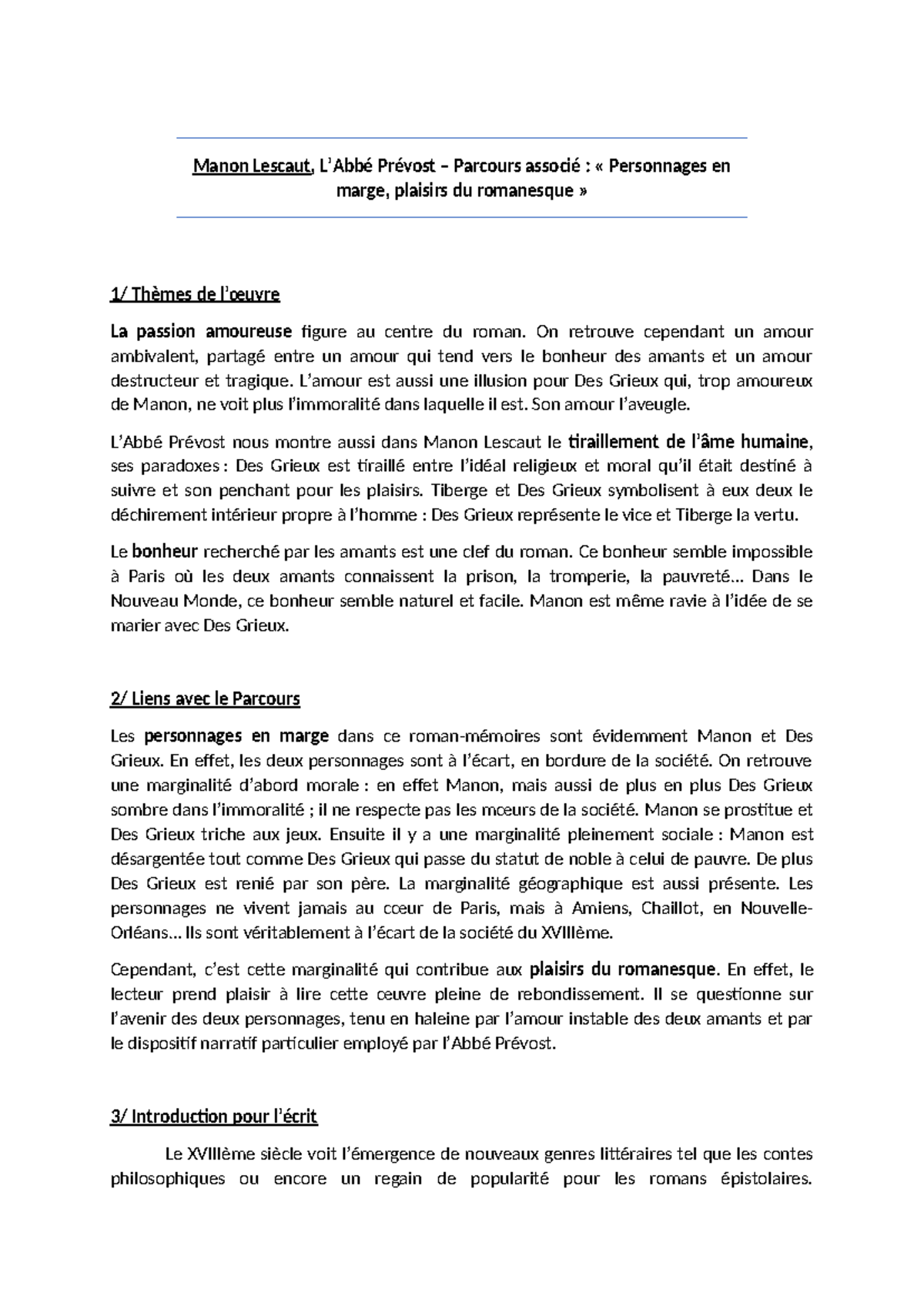 Fiche Bac Français 2023 : Analyse de Manon Lescaut par l’Abbé Prévost ...