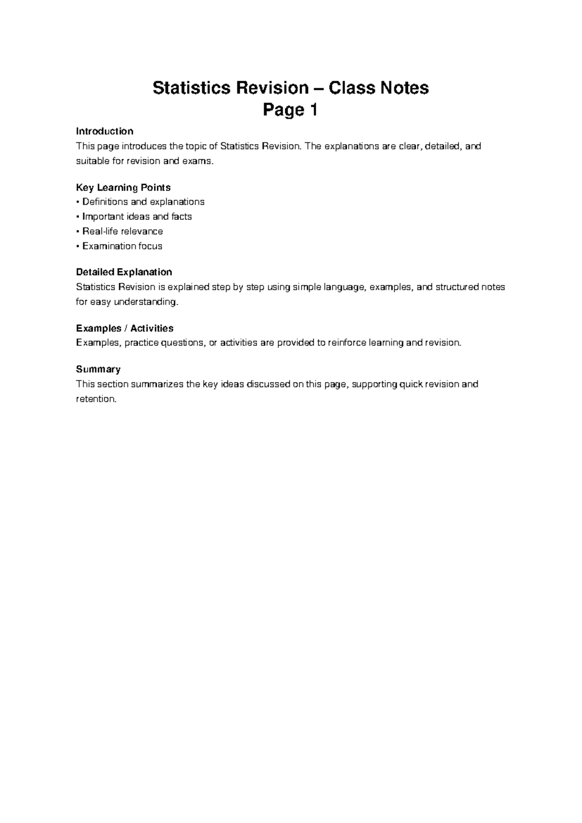 Statistics Revision Class Notes: Key Concepts and Exam Focus - Studocu