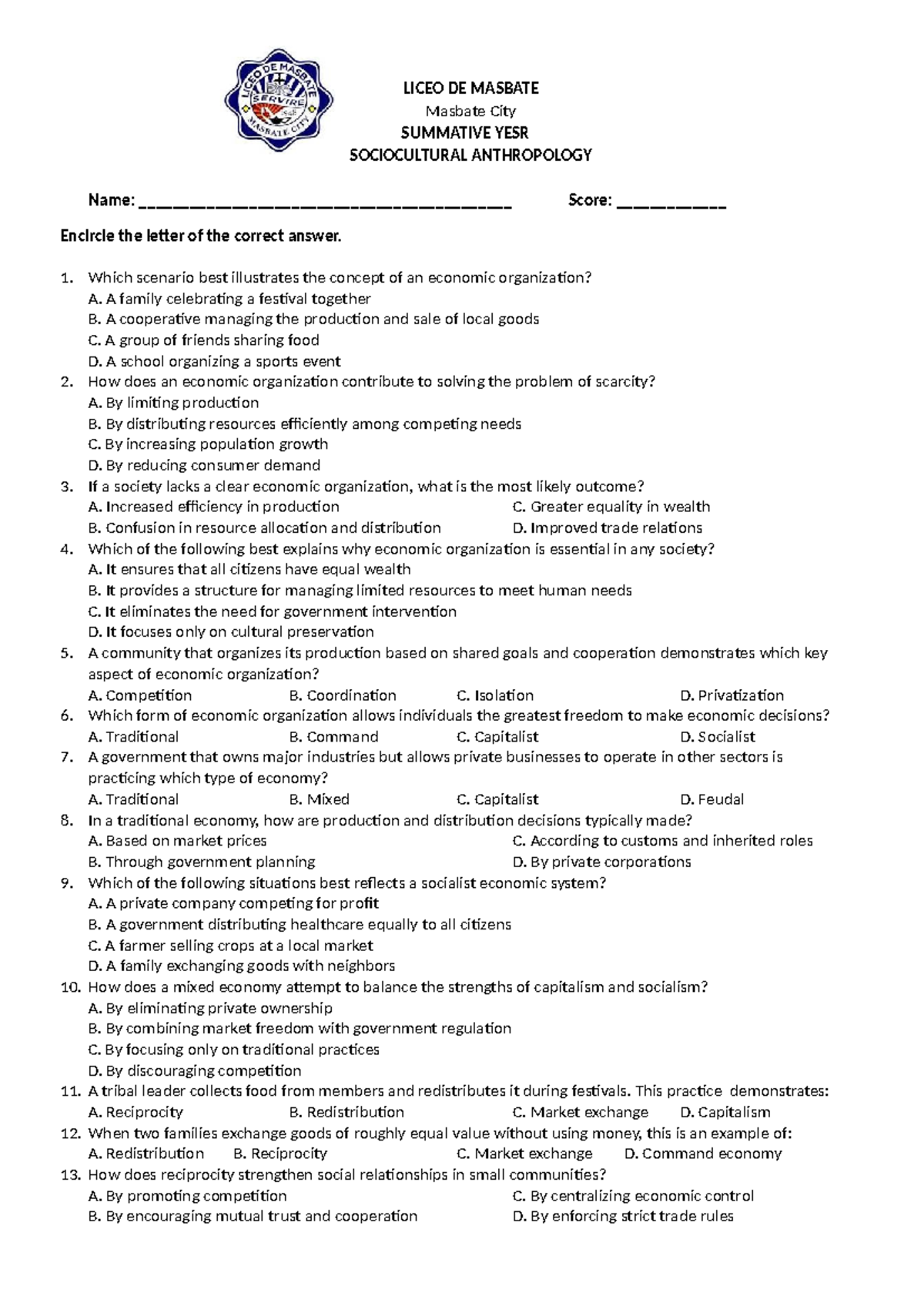 LICEO DE MASBATE ANTHRO 101 Long Test on Sociocultural Concepts - Studocu