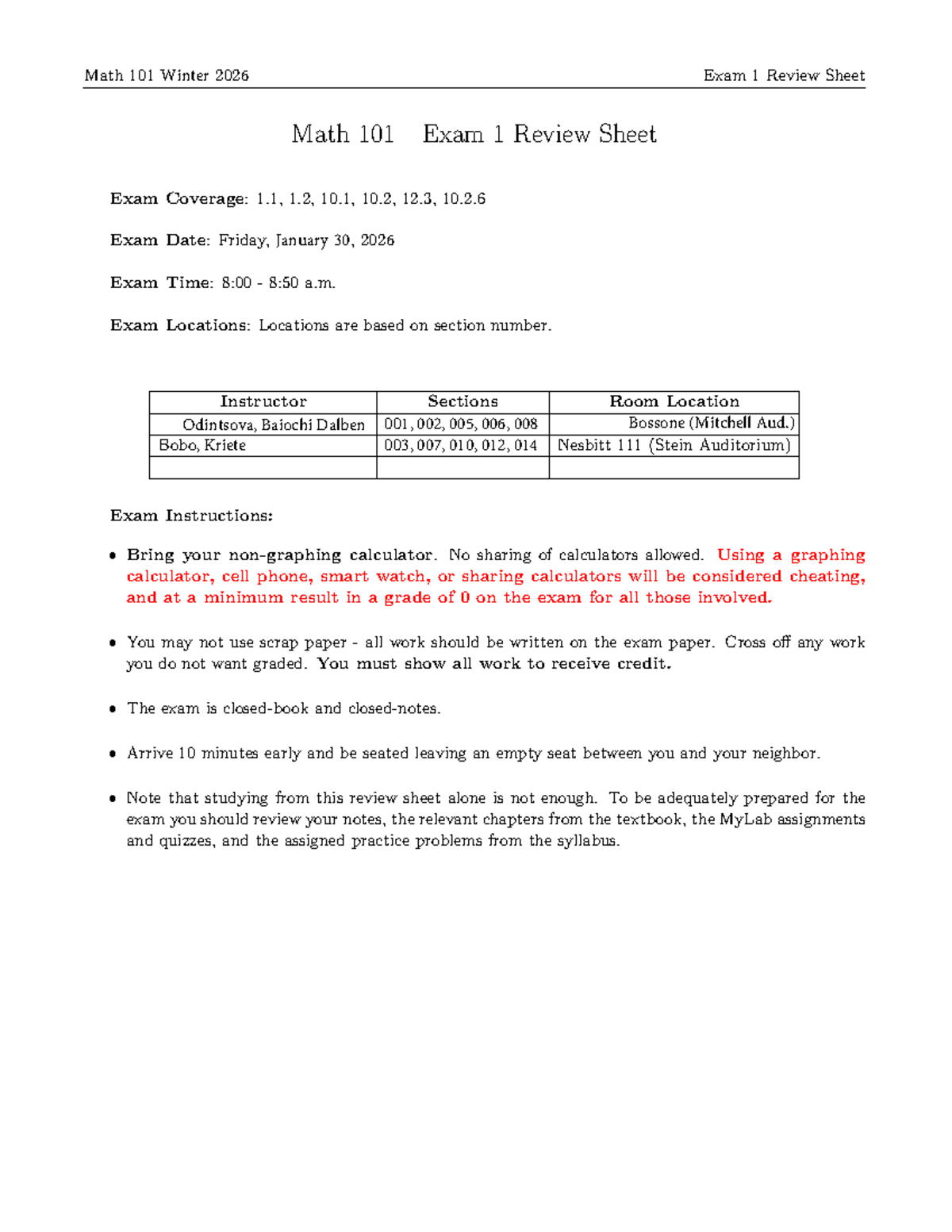 Math 101 Winter 2026 Exam 1 Review Sheet - Studocu
