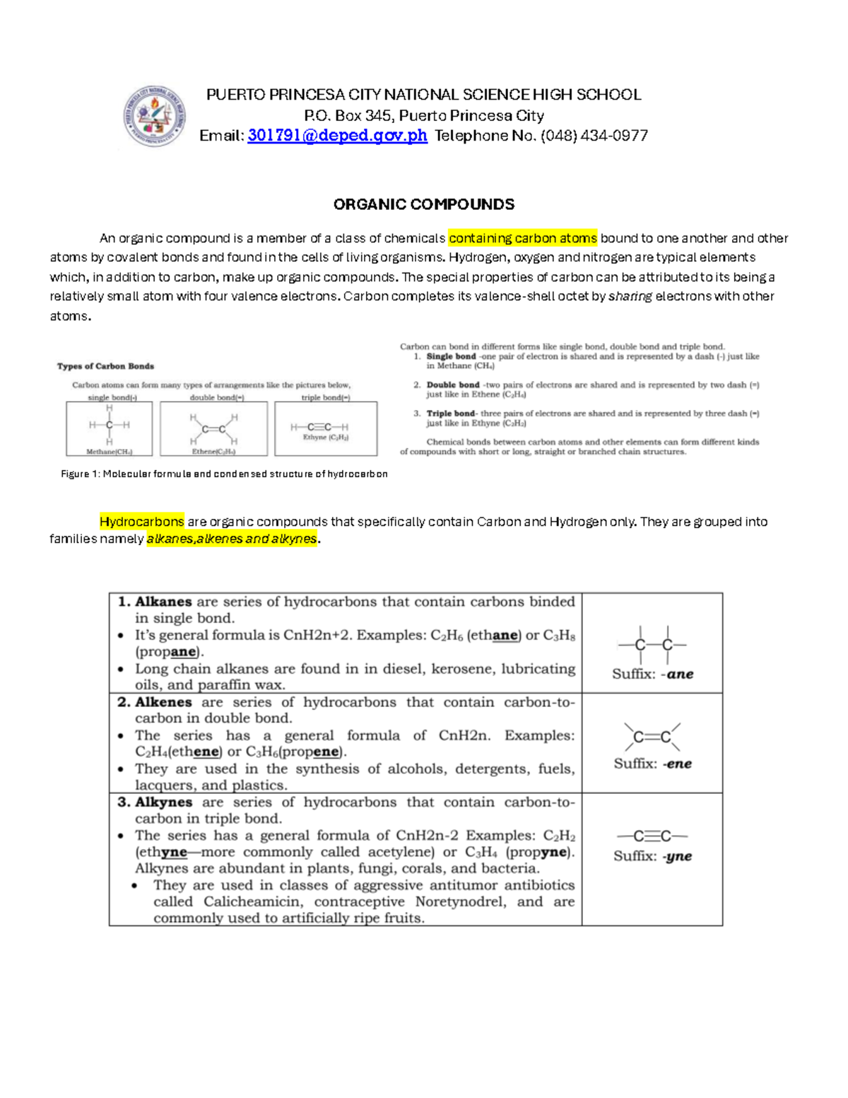 Organic Compounds Review for SCIENCE - PUERTO PRINCESA CITY HS - Studocu