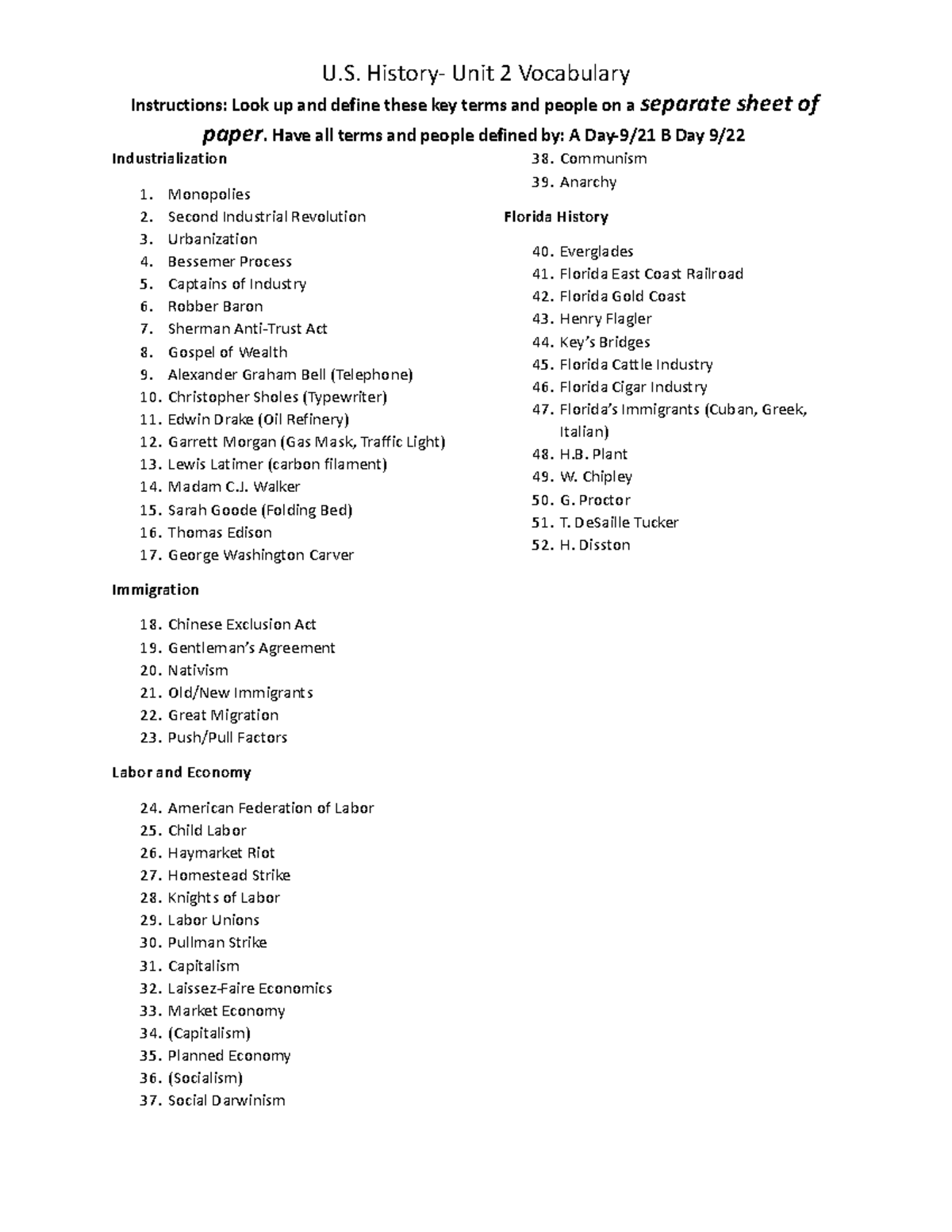 U.S. History Unit 2: Key Terms and Key Figures Vocabulary Guide - Studocu