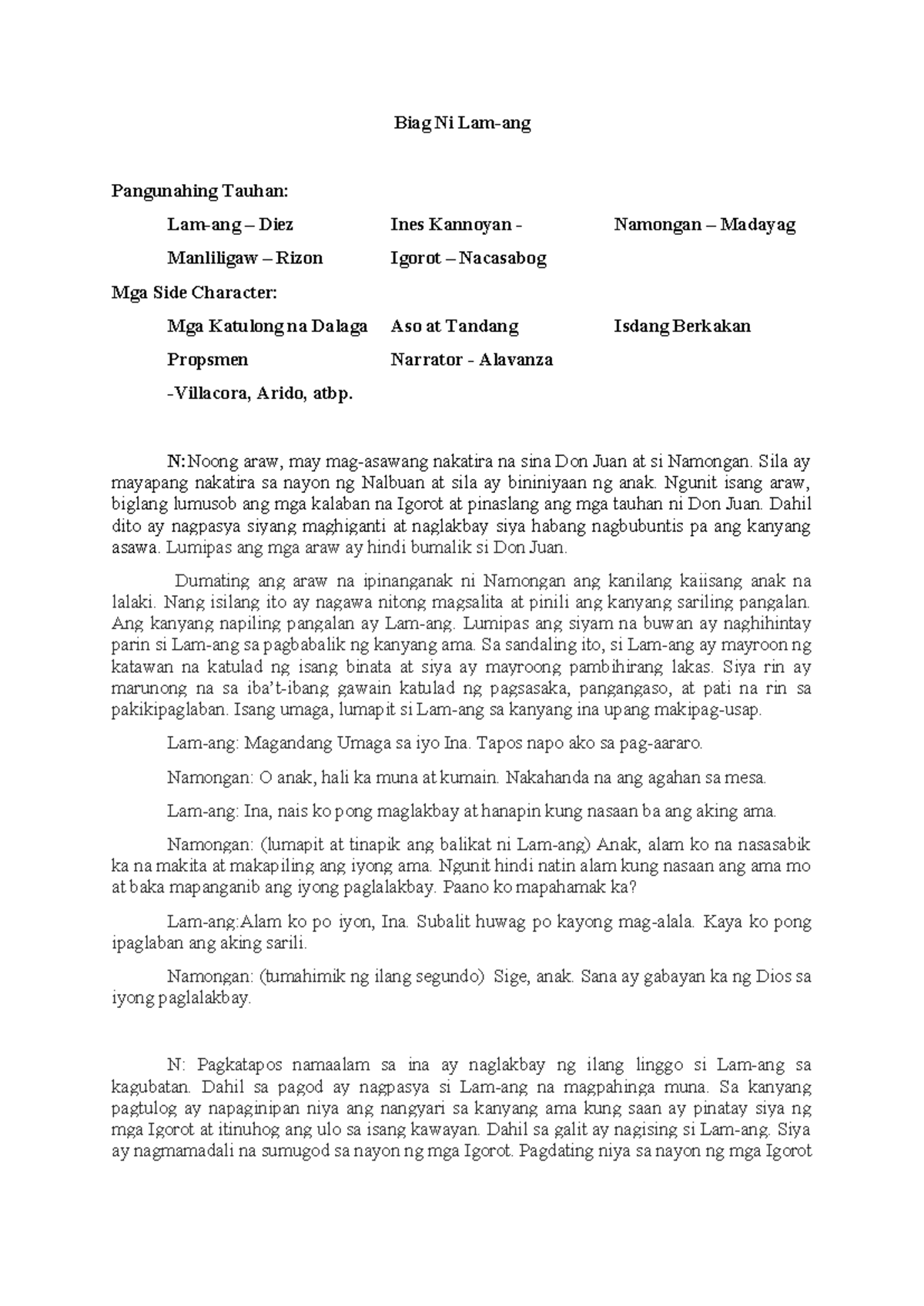 Biag Ni Lam-ang Script Final Revision for Literature Course 101 - Studocu