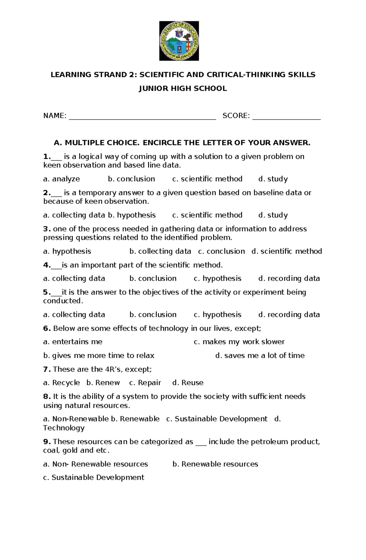 Summative Assessment: LS3 Math Concepts for Junior High School - Studocu