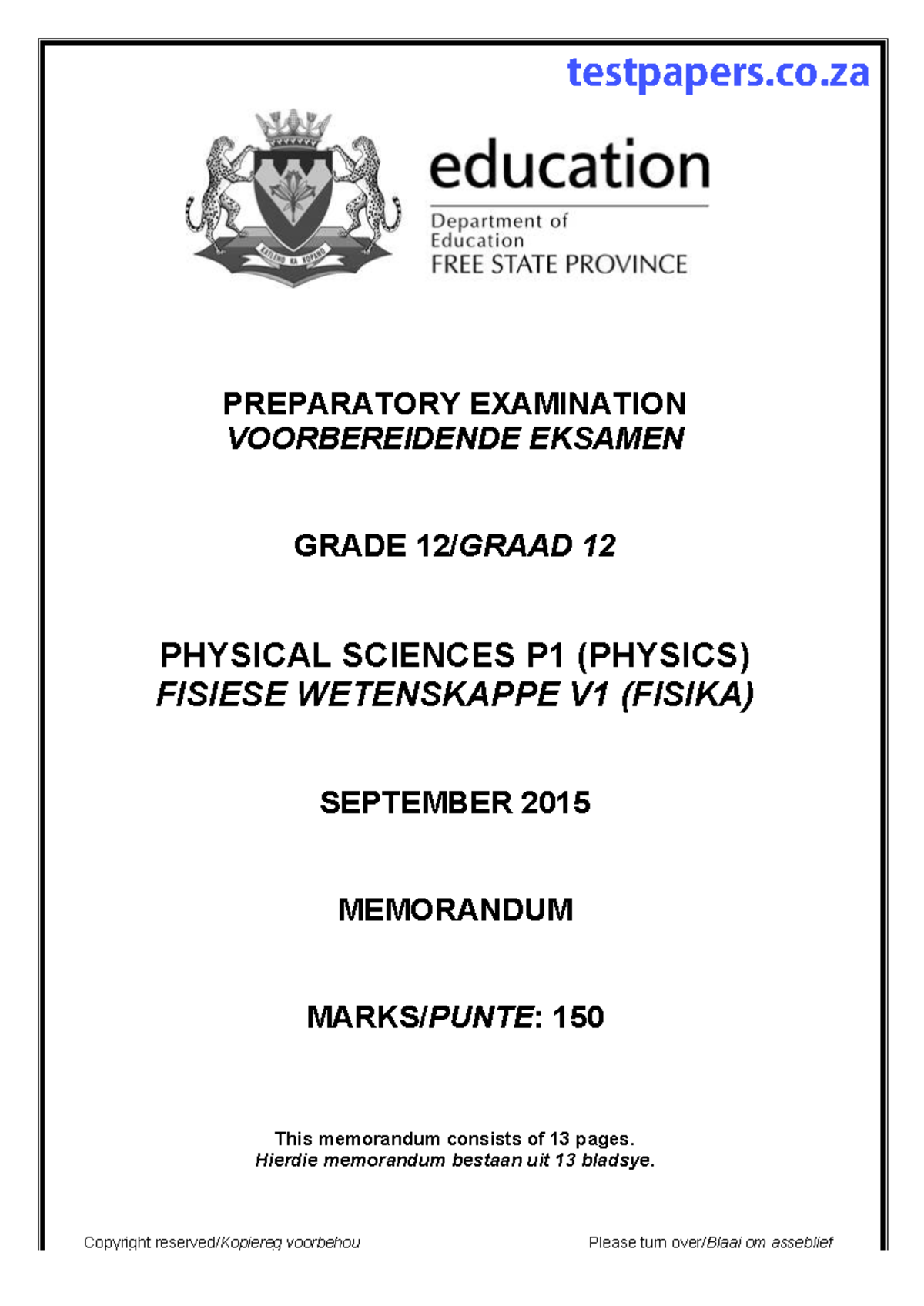 FS 2015 SEPT Grade 12 Physics P1 Prep Exam Memorandum - Studocu