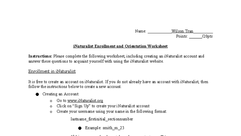 iNaturalist Enrollment & Orientation Worksheet (BSC 2011L) - Studocu